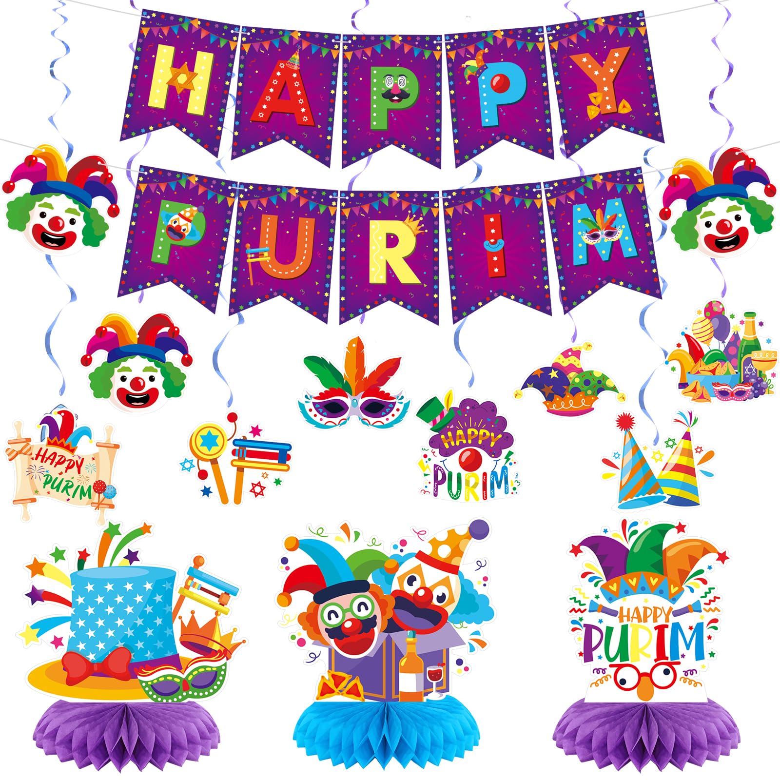 Amazon.com: 12 Pcs Purim Decorations Happy Purim Day Banner Hanging ...