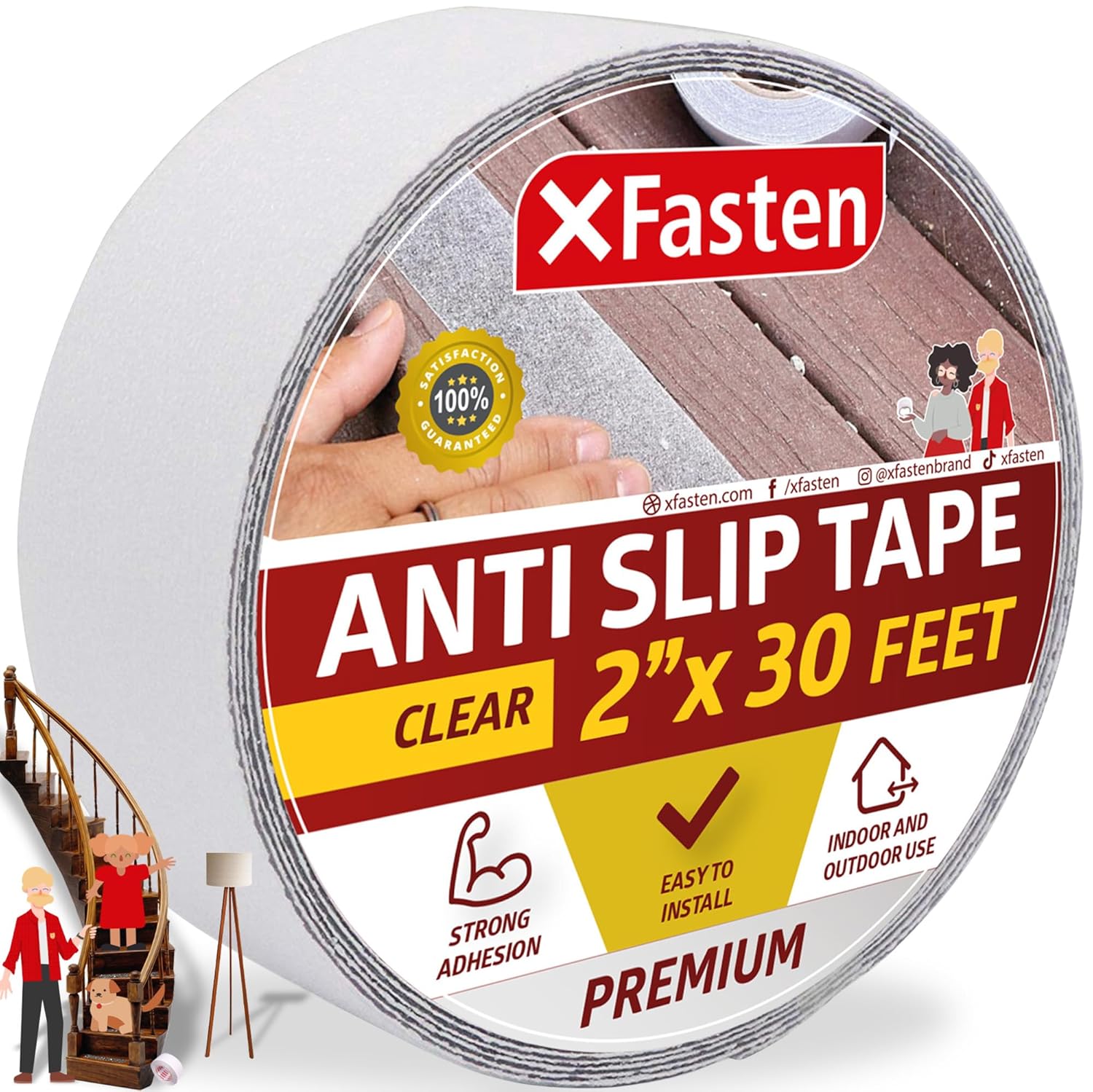 XFasten Clear Anti Slip Tape for Stairs, 2 Inches x 30 Feet, Waterproof ...