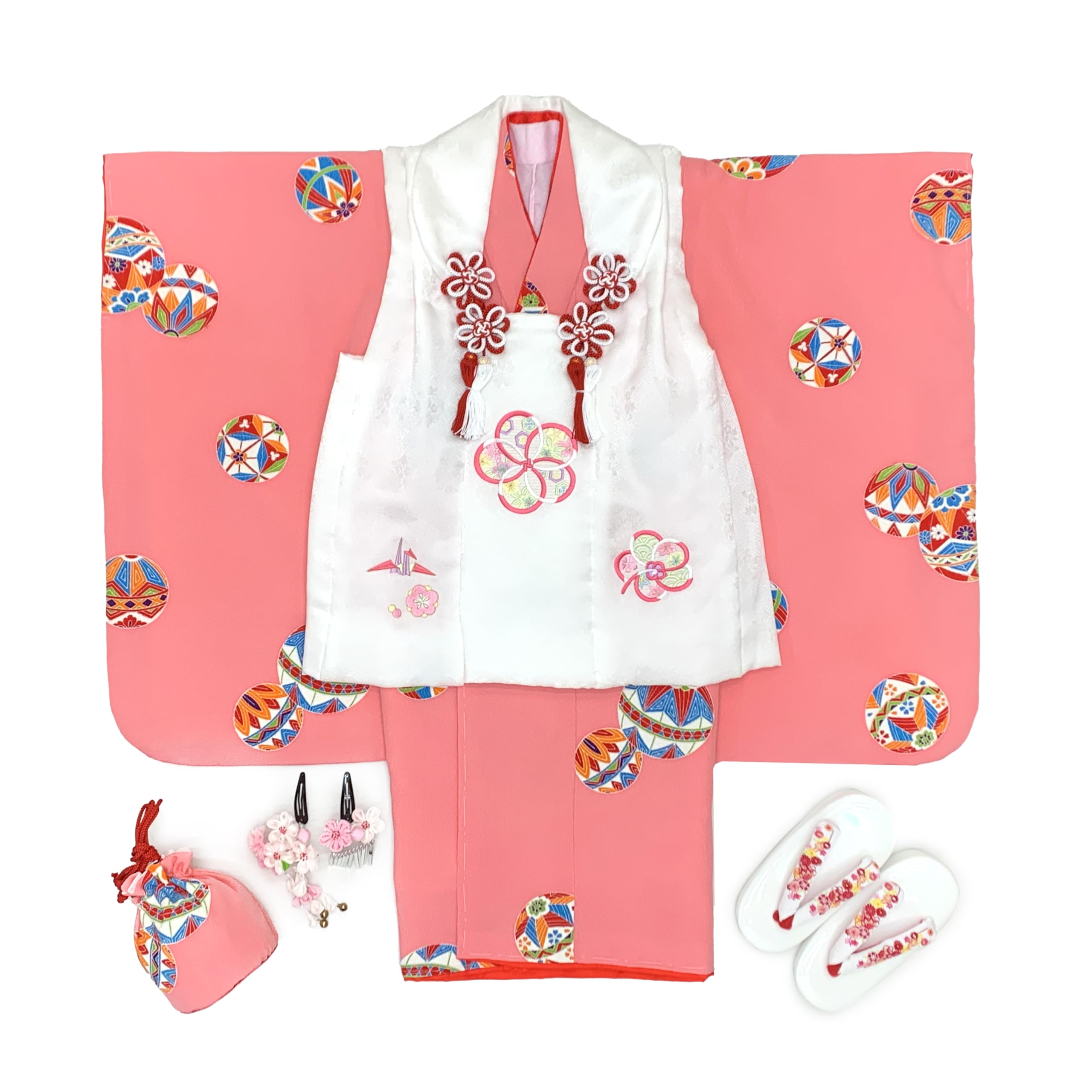 Amazon | [京都室町st．] 七五三 3歳 女の子 着物 正絹 被布セット 753 被布コートと着物セット 本絞り 刺繍柄「白xピンク、ねじり梅と鞠」IHF906set-06 | 着物 ...