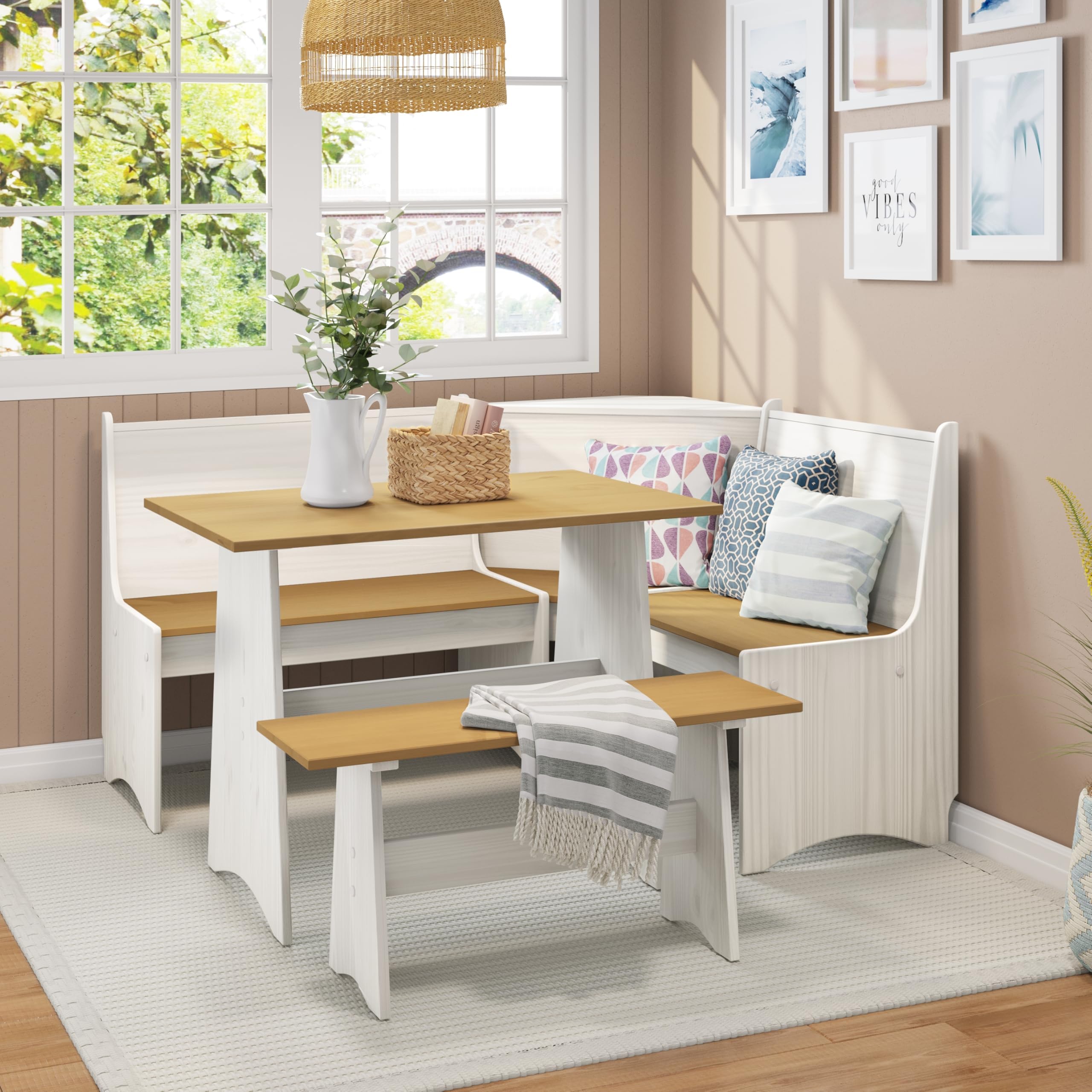 Amazon.com: Pemberly Row Breakfast Corner Nook Table Set in Natural ...