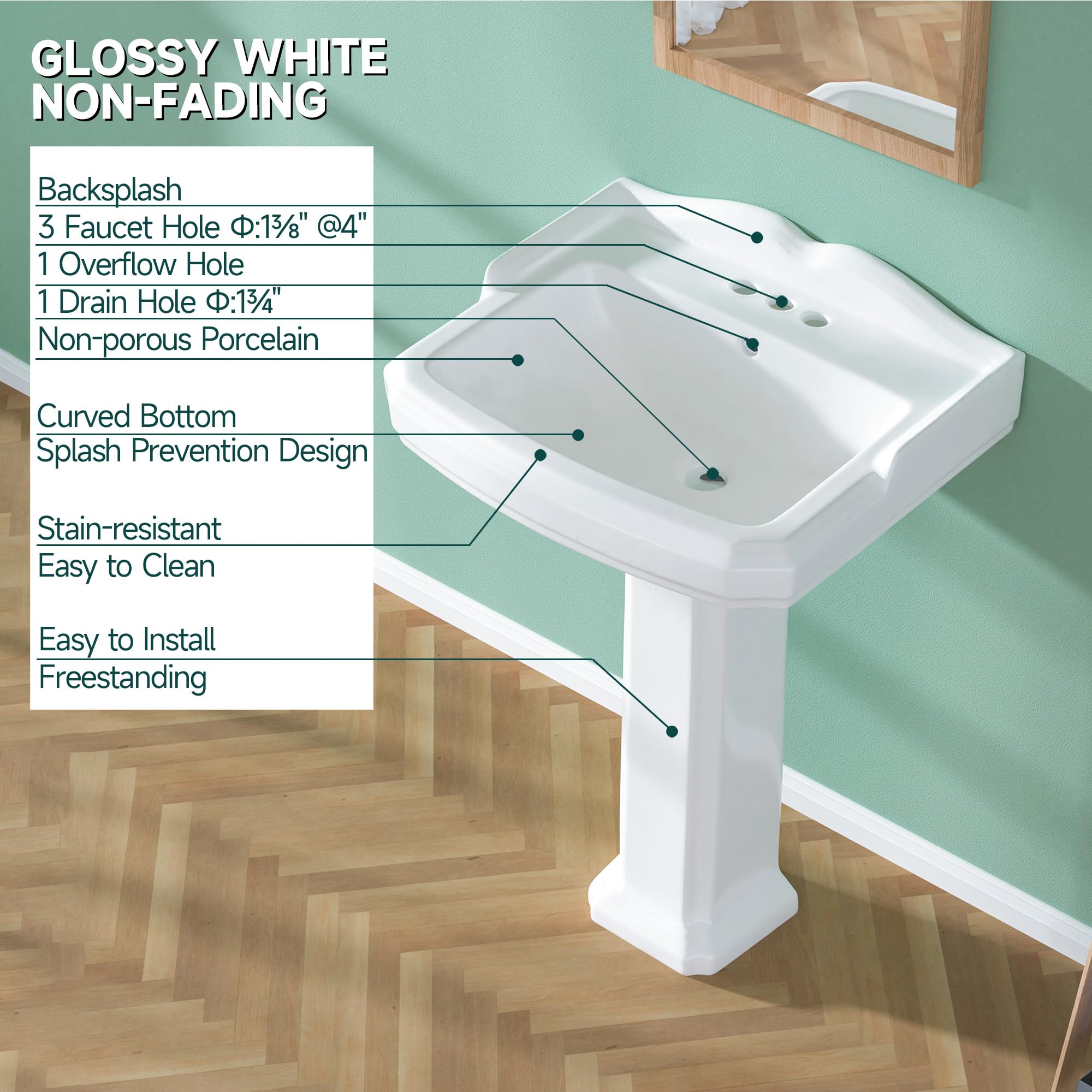 Snapklik.com : Miuara Pedestal Sink 23 Inch - 3 Hole Vintage Porcelain ...