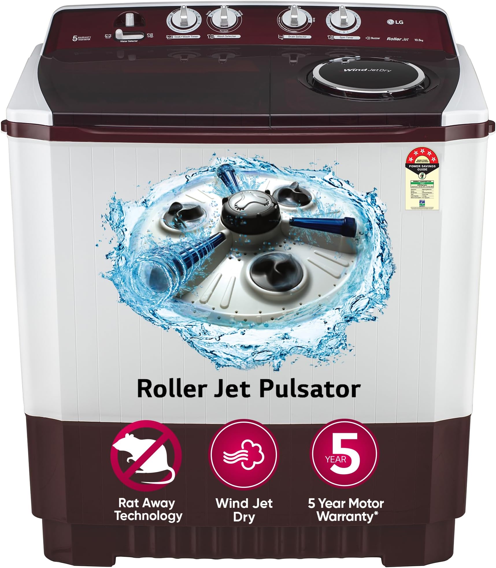 LG 10.5 kg 5 Star Wind jet dry Semi-Automatic Top Load Washing Machine ...