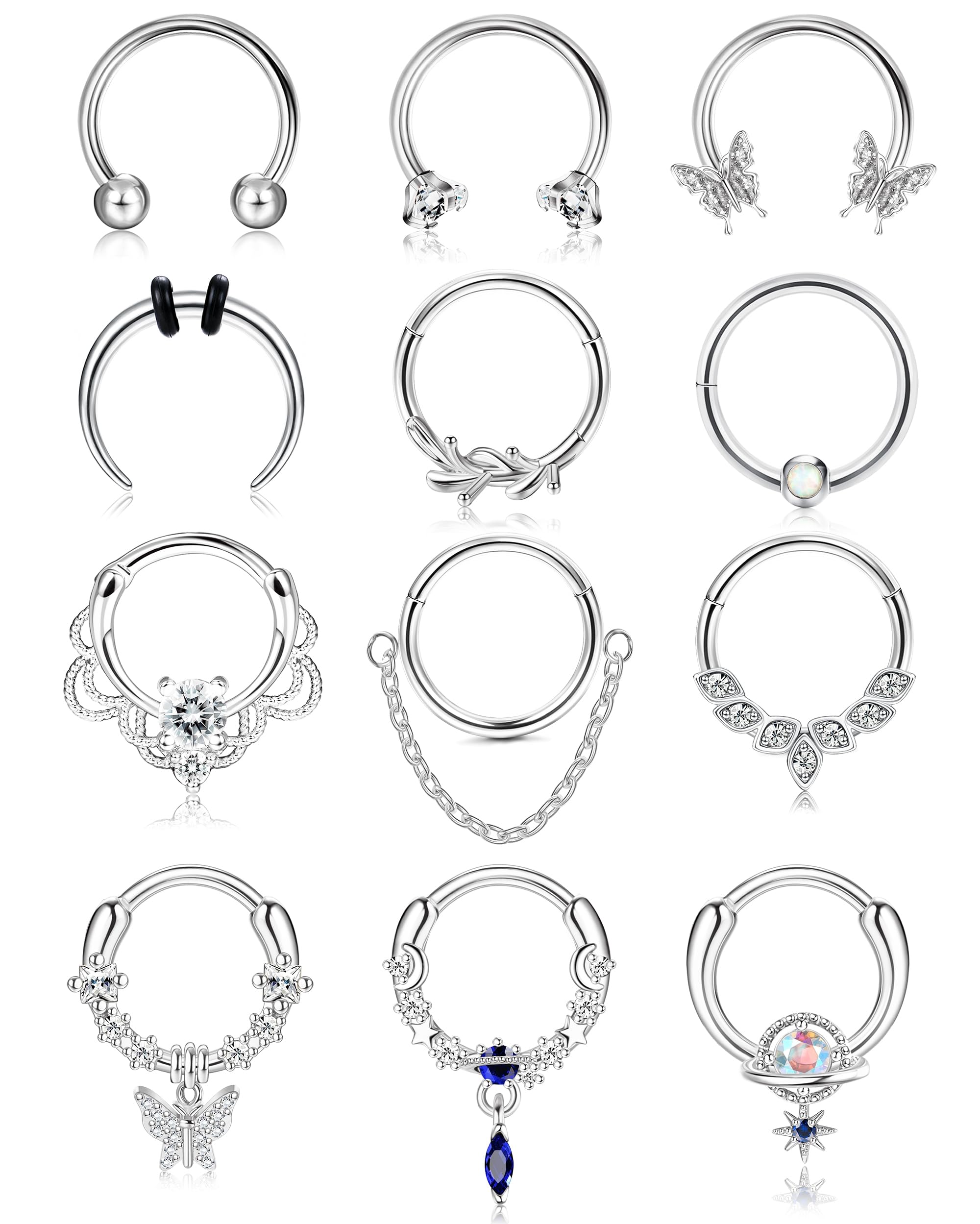 Finrezio12pcs Stainless Steel Septum Clicker Nose Rings Hoop For Women ...
