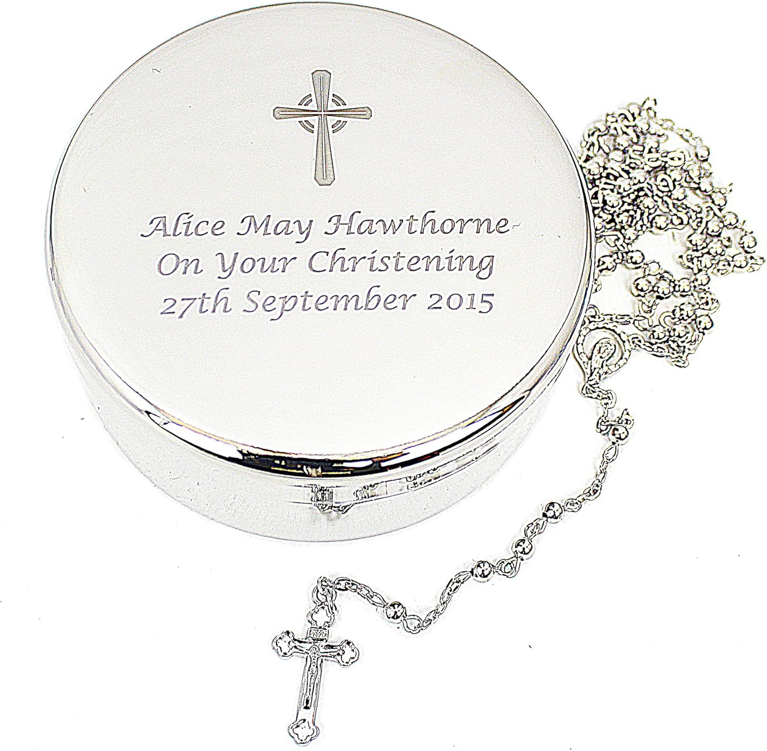 Custom Personalised Cross Round Trinket Box with Rosary Beads for ...