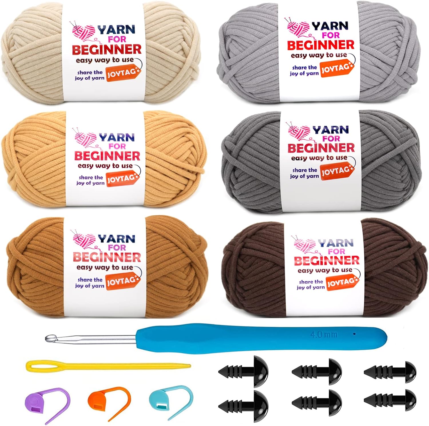 Amazon.com: Joytag 6 Pack Beginners Crochet Yarn Beige Khaki Brown Grey Cotton for Crocheting ...