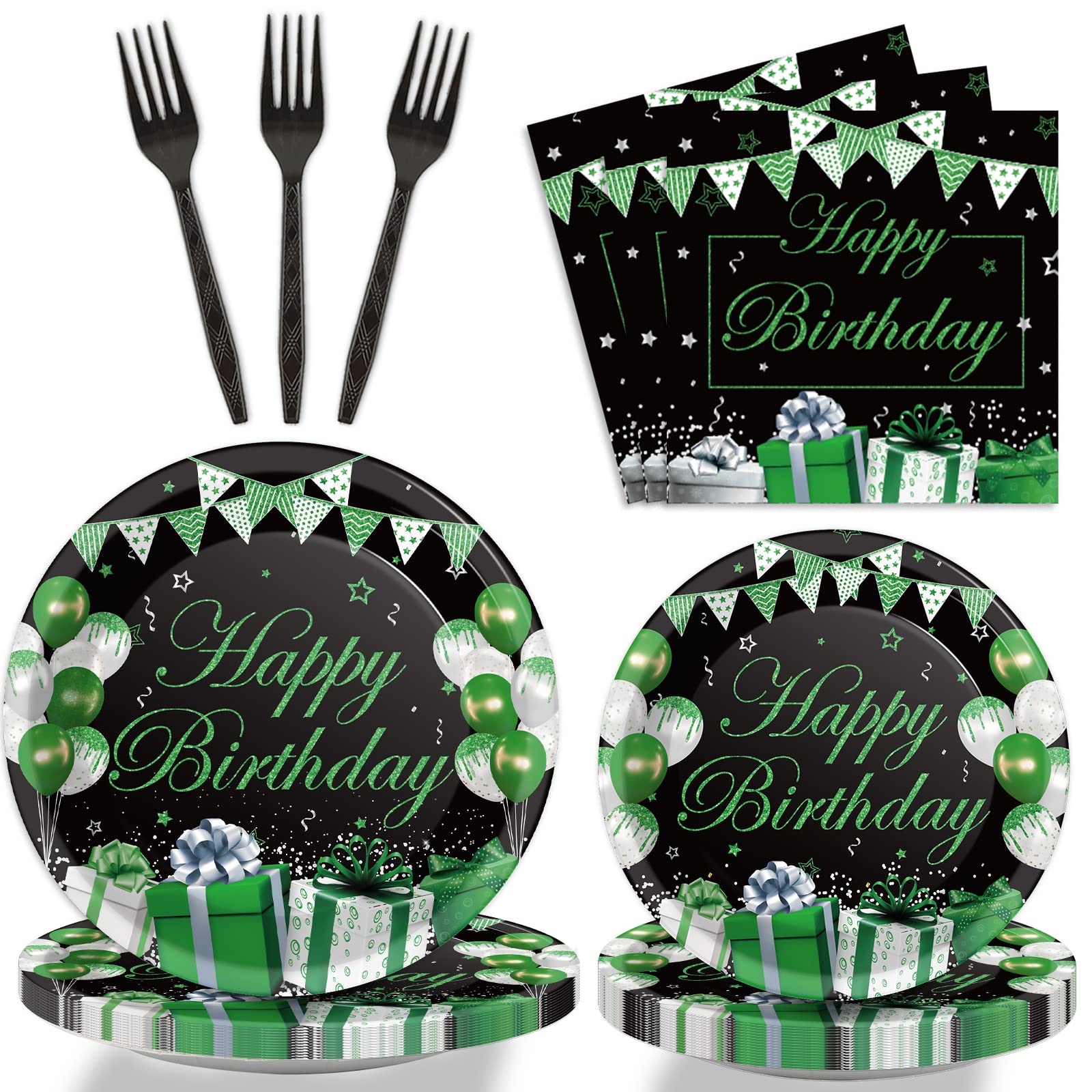 Amazon.com: 96 Pcs Green Silver Black Birthday Party Tableware Set ...