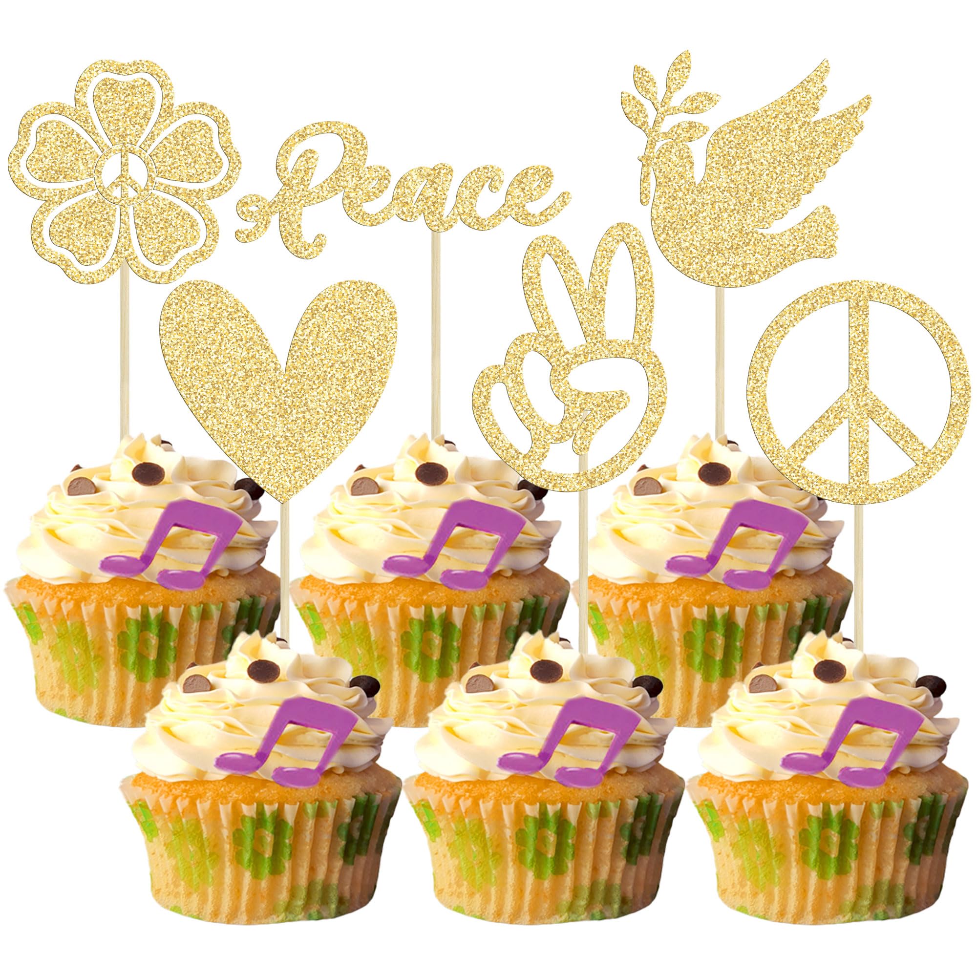 Amazon.com: Gyufise 24Pcs Peace Love Cupcake Toppers Gold Glitter Peace ...