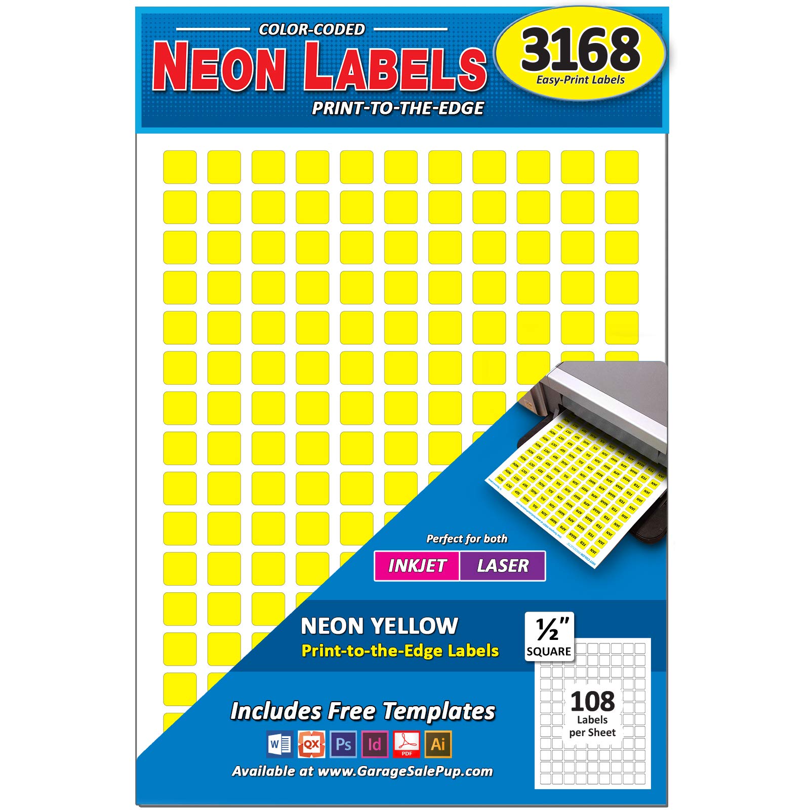 Buy Pack of 3168 1/2-Inch Square Color Coding Dot Labels, Bright Neon ...