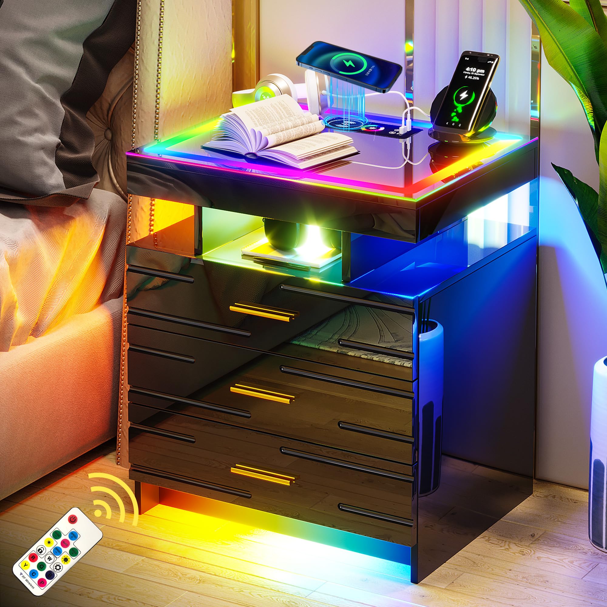 Amazon.com: FOMNEY RGB LED Nightstand with Charging Station, Black ...
