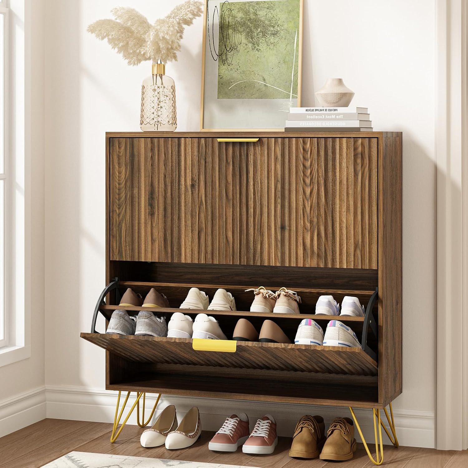 Amazon.com: NOVAMAISON Shoe Cabinet with 2 Flip Drawers Walnut, Fluted ...