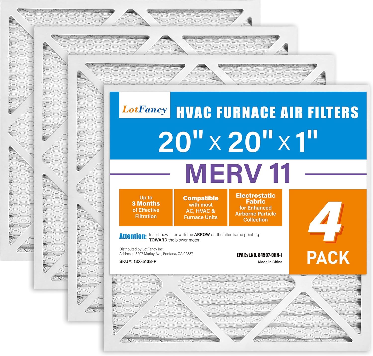 LotFancy 20x20x1 Air Filter MERV 11 4-Pack, Actual Size: 19.75"x19.75 ...