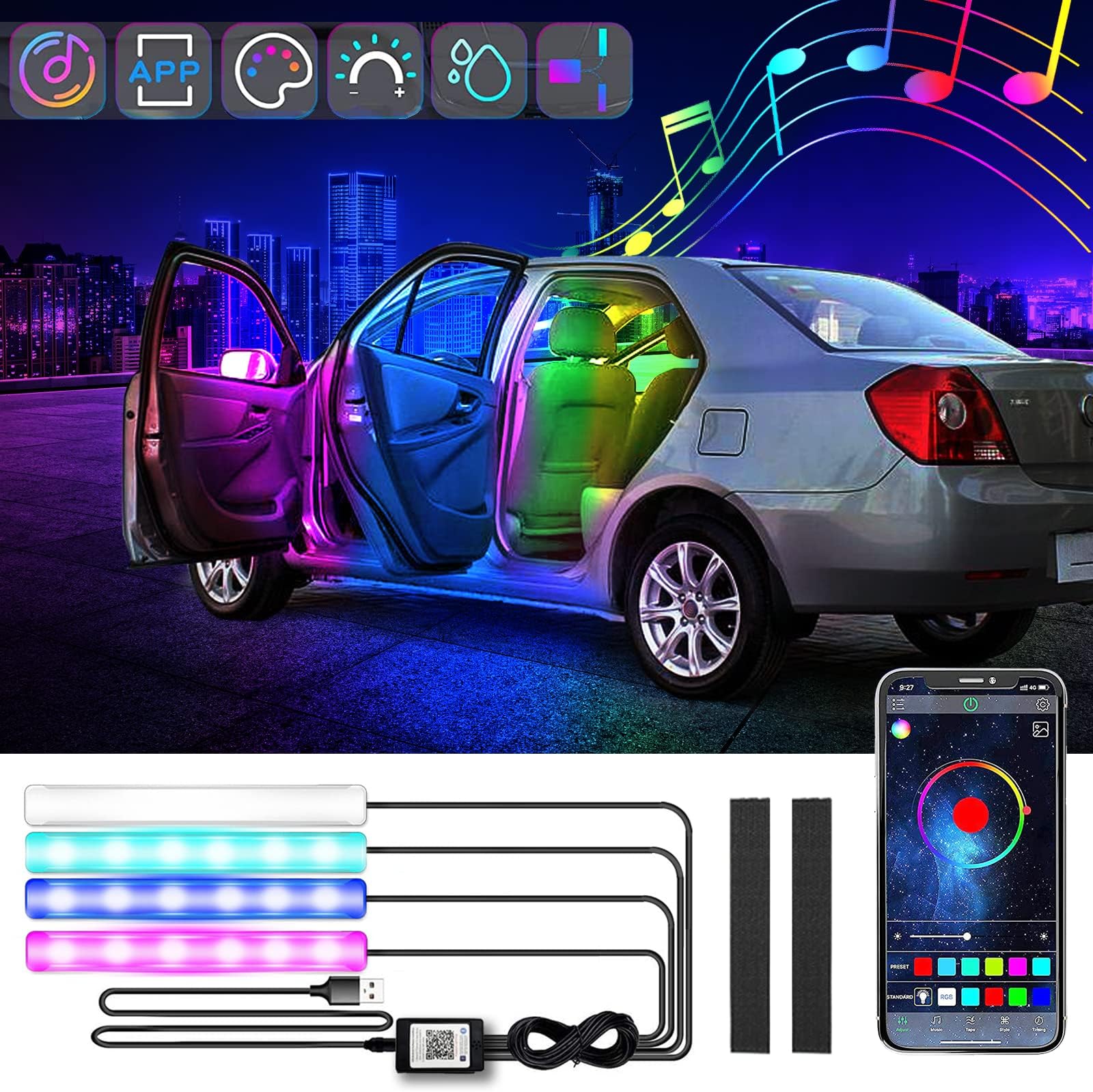 Striscia LED per auto, 4 pezzi 48 LED CC 12V Luci multicolore per ...