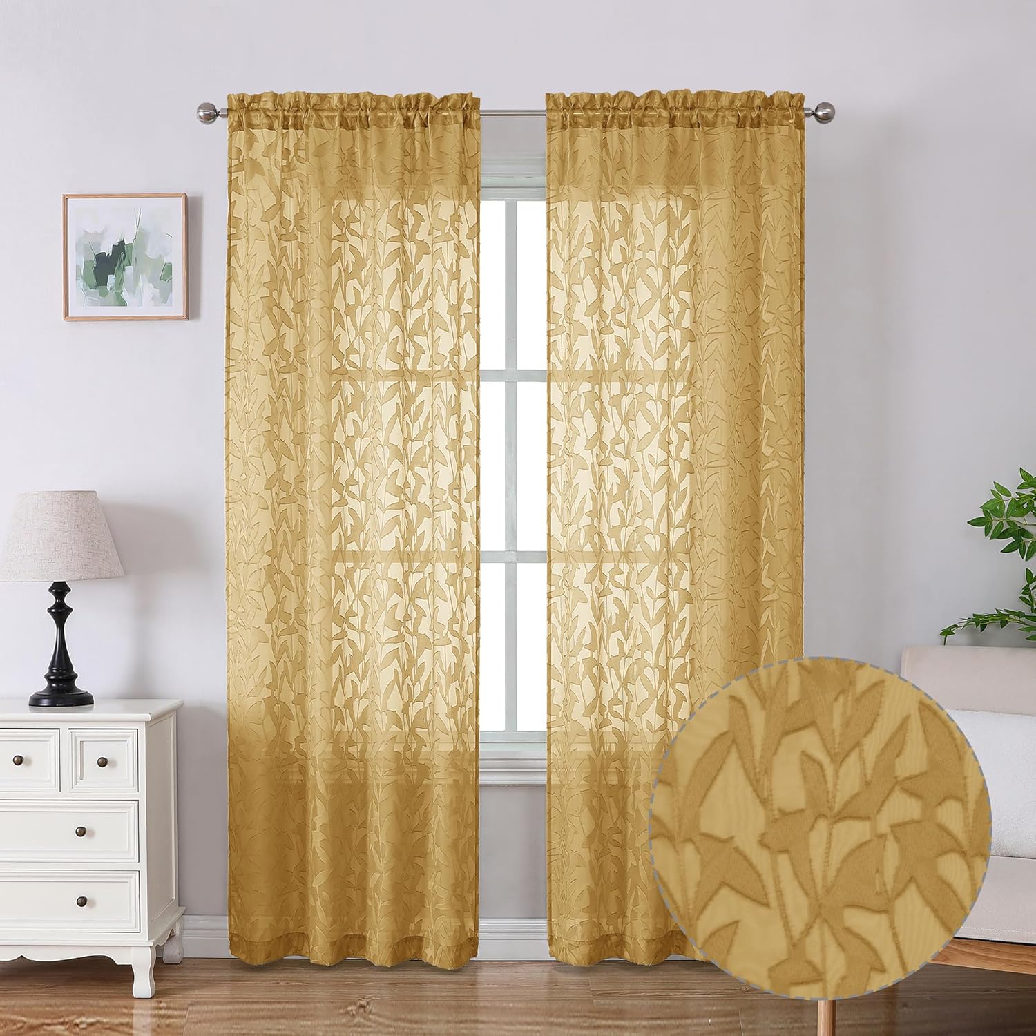 Amazon.com: Lecloud Leia Dark Gold Sheer Curtains 84 Inches Long 2 ...