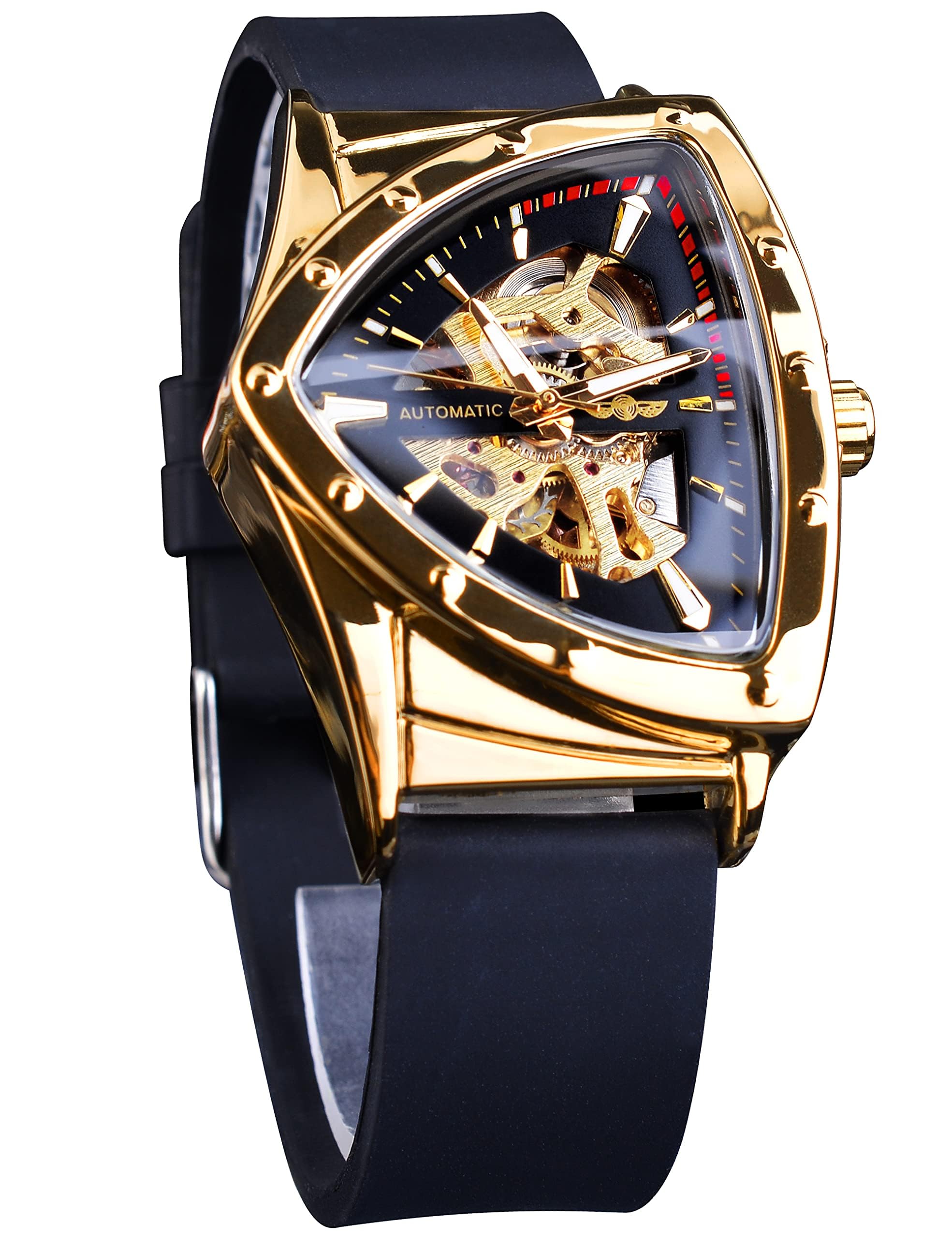 FORSINING Silicone,Rubber Mens Winner Gold Skeleton Triangle Watch Man ...