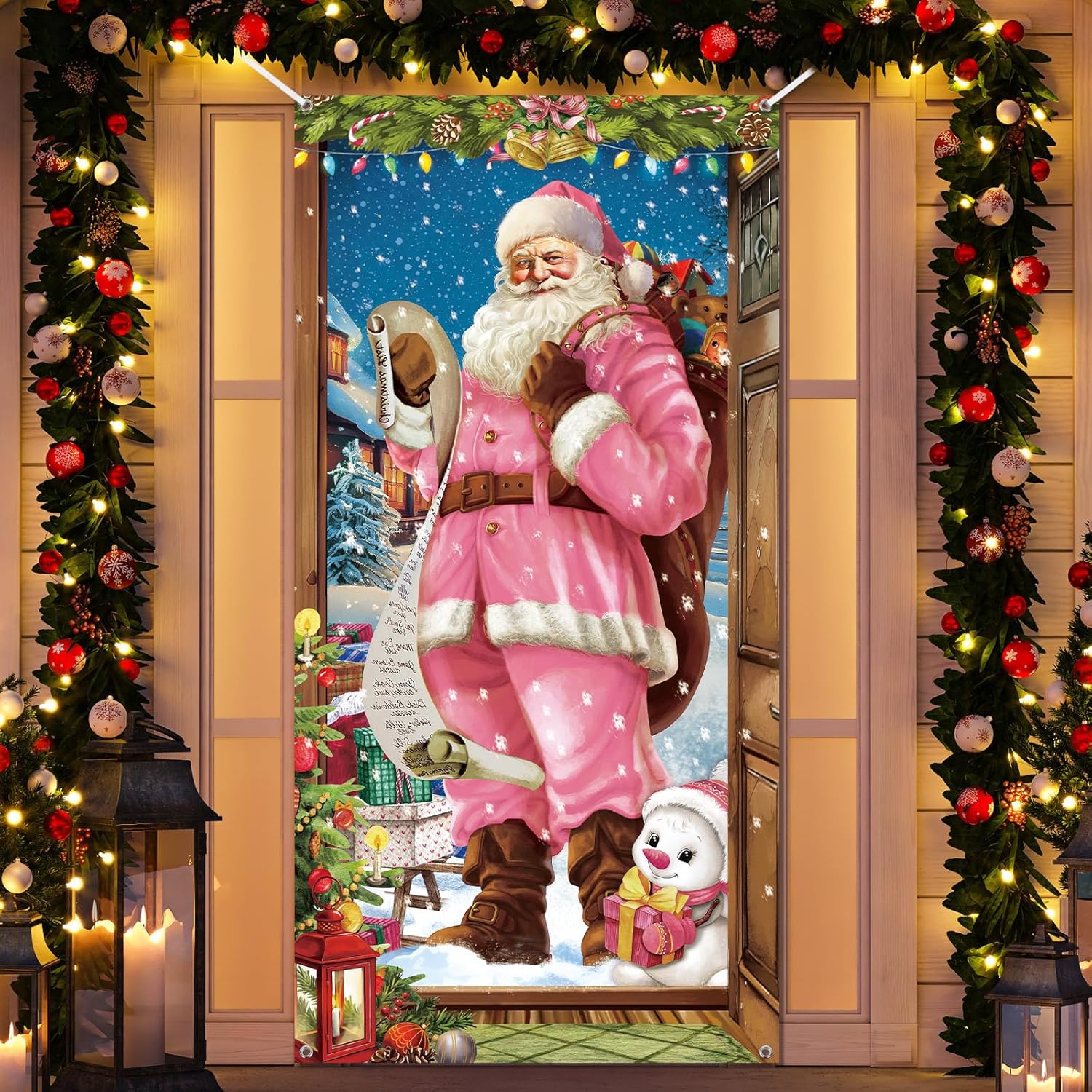 Amazon.com: VitalCozy Pink Santa Christmas Door Cover Decorations Santa ...