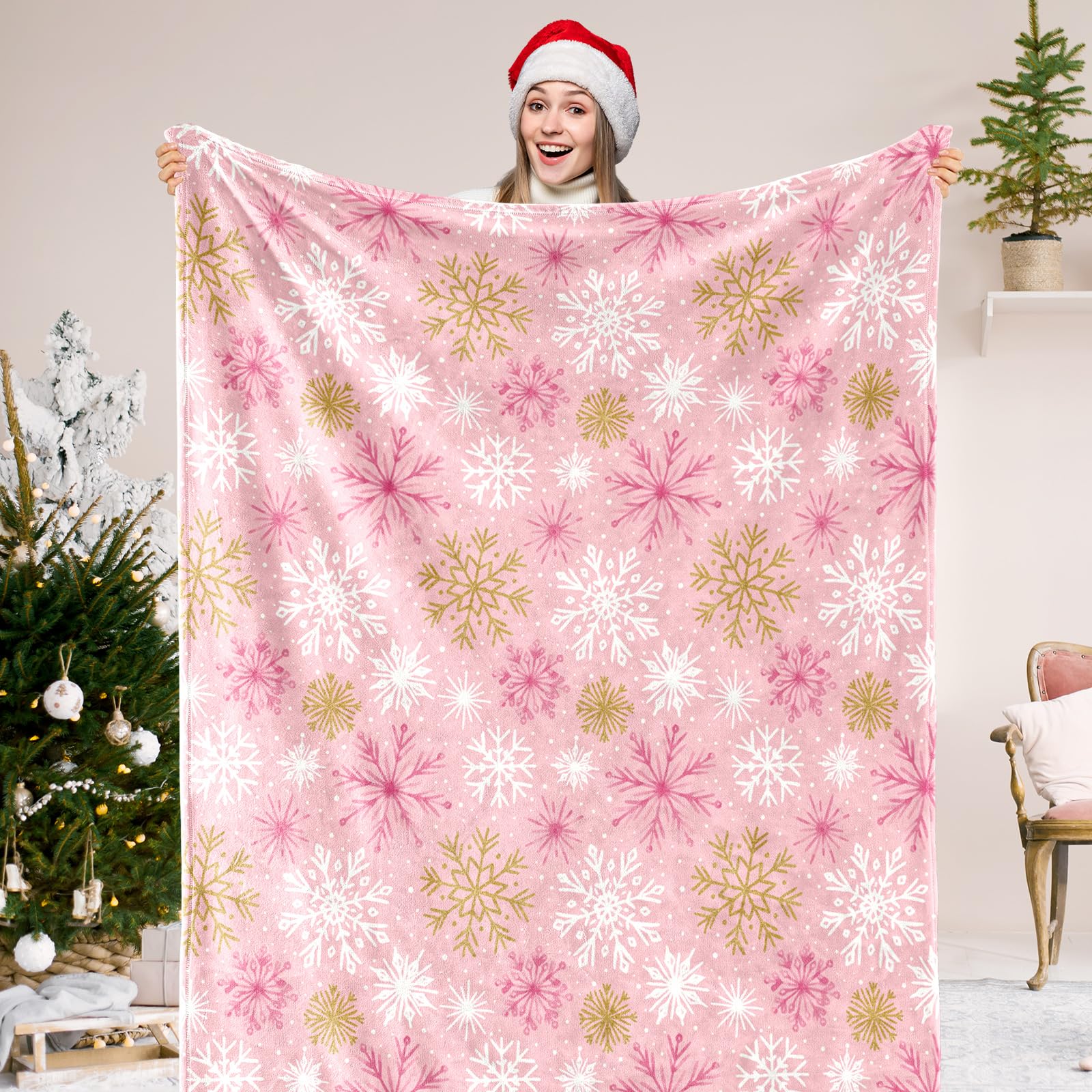 Amazon.com: JarThenaAMCS Winter Throw Blanket Gold Pink Xmas Snowflake ...