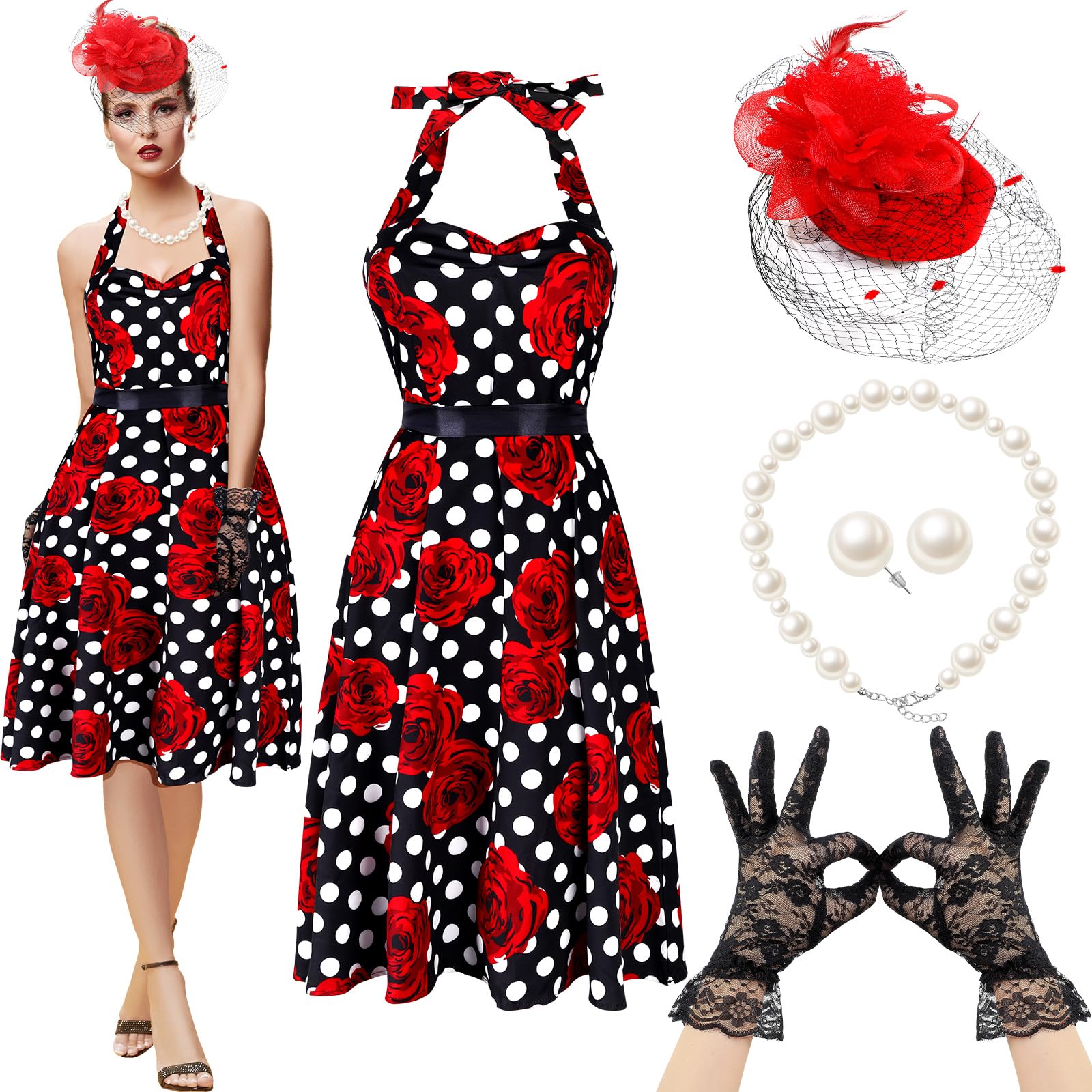 Amazon.com: Handepo 5 Pcs 50s Polka Dot Dress Women Vintage Halter ...
