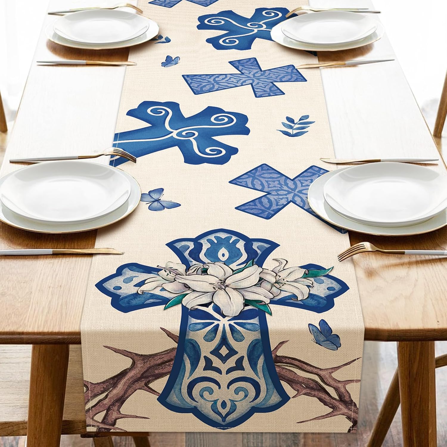 Amazon.com: Uruney Christian Easter Cross Chinoiserie Table Runner ...