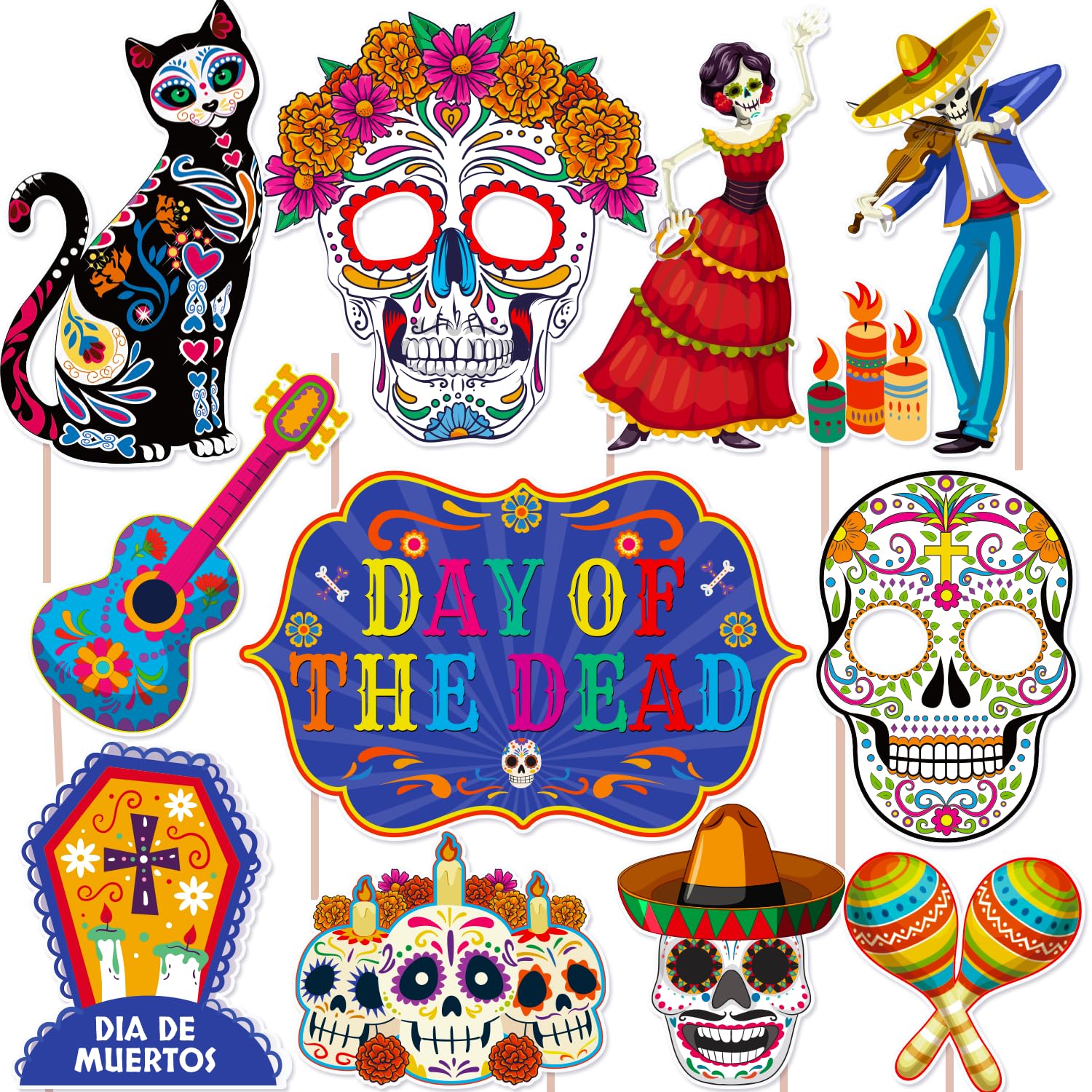 Amazon.com: Day of The Dead Decorations Photo Booth Props Dia De Los ...