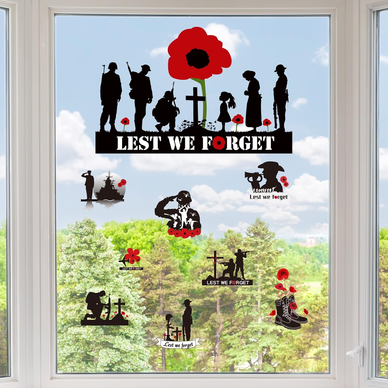 4 Sheets Lest We Forget Stickers Poppy Window Stickers Remembrance Day ...