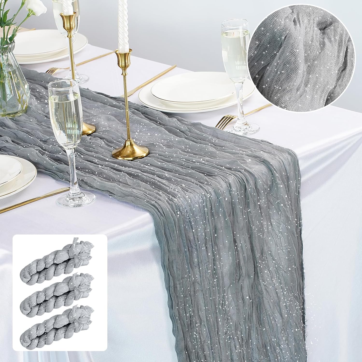 Amazon.com: Gzcvba 3PCS Silver Gray Spirng Cheesecloth Table Runner ...