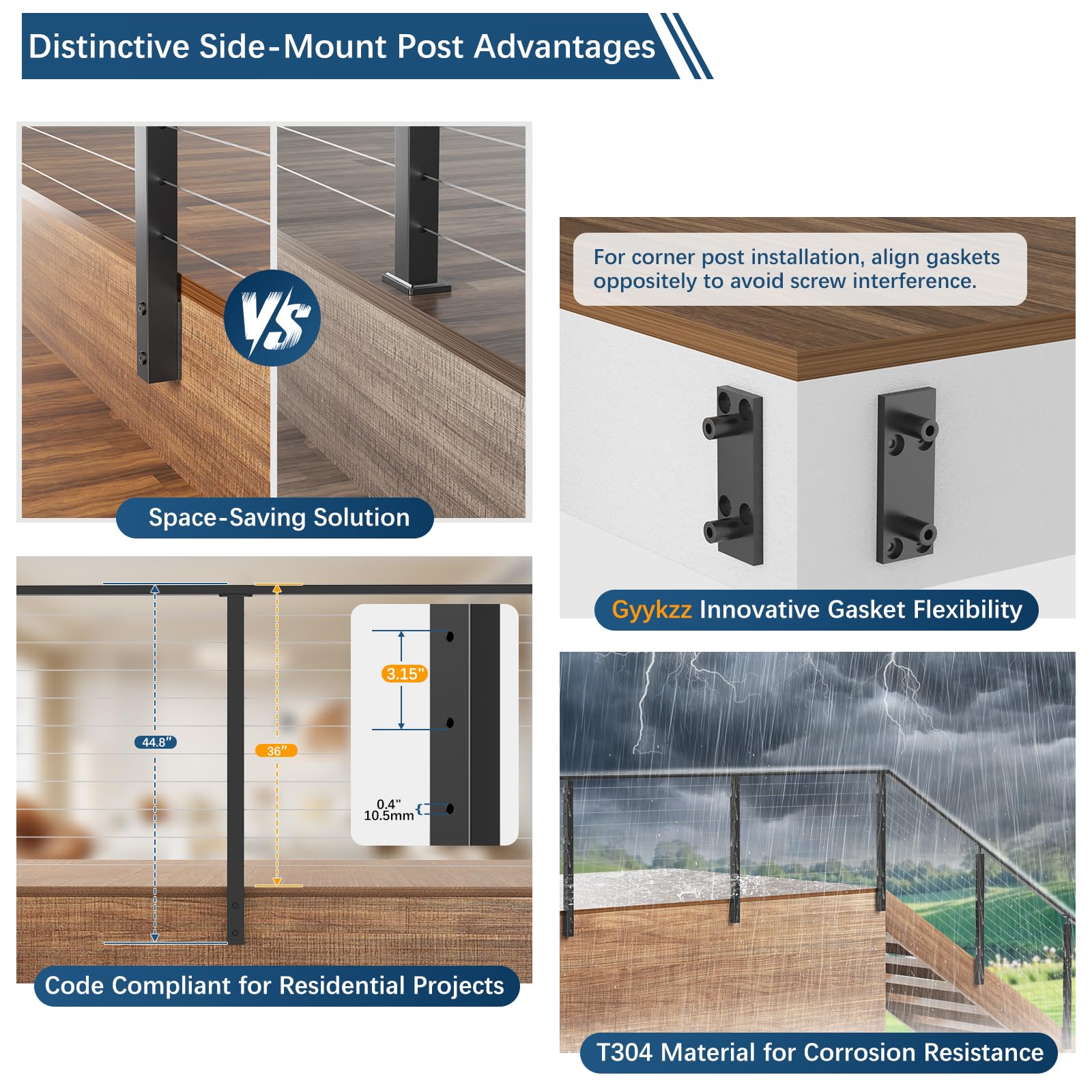 Snapklik.com : 36" Side Mount Cable Railing Post, 4 Pack Level Space ...
