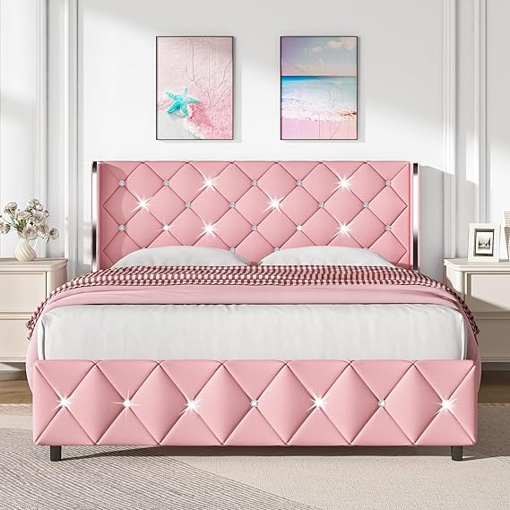Amazon.com: HOMBCK Full Size Bed Frame, Upholstered Bed with Diamond ...