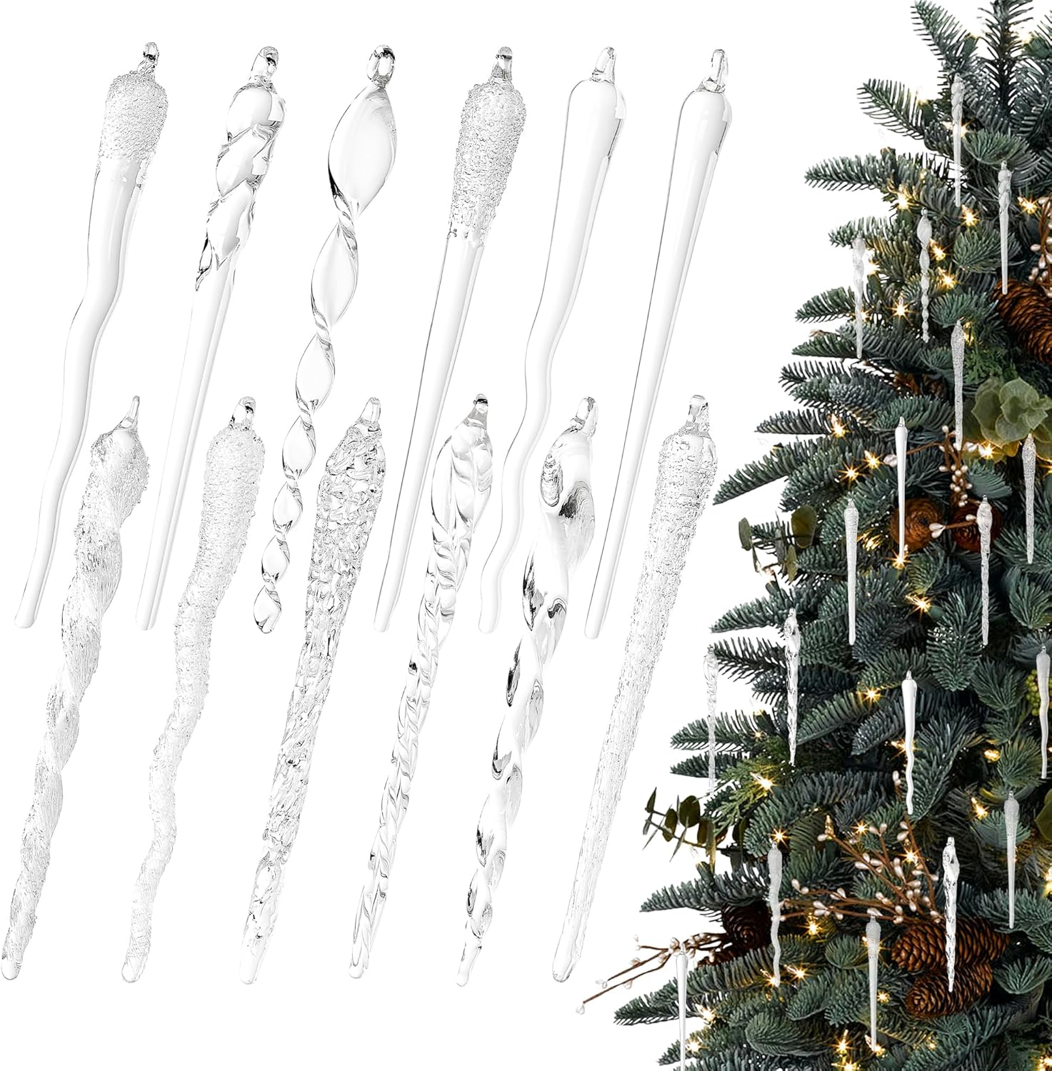 Amazon.com: LOULIQIGIFT Glass Icicle Christmas Ornaments 12 pcs Winter ...