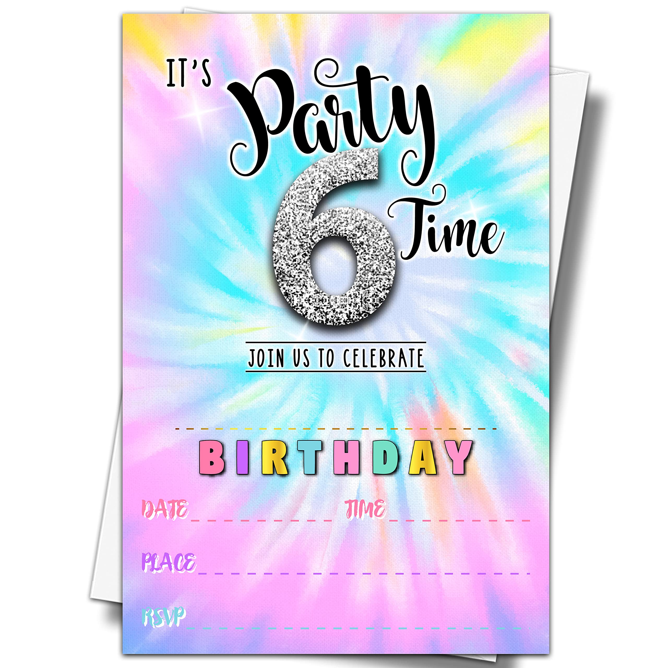 Tie Dye 6th Birthday Party Invitations, 20 Invite Cards with Envelopes ...