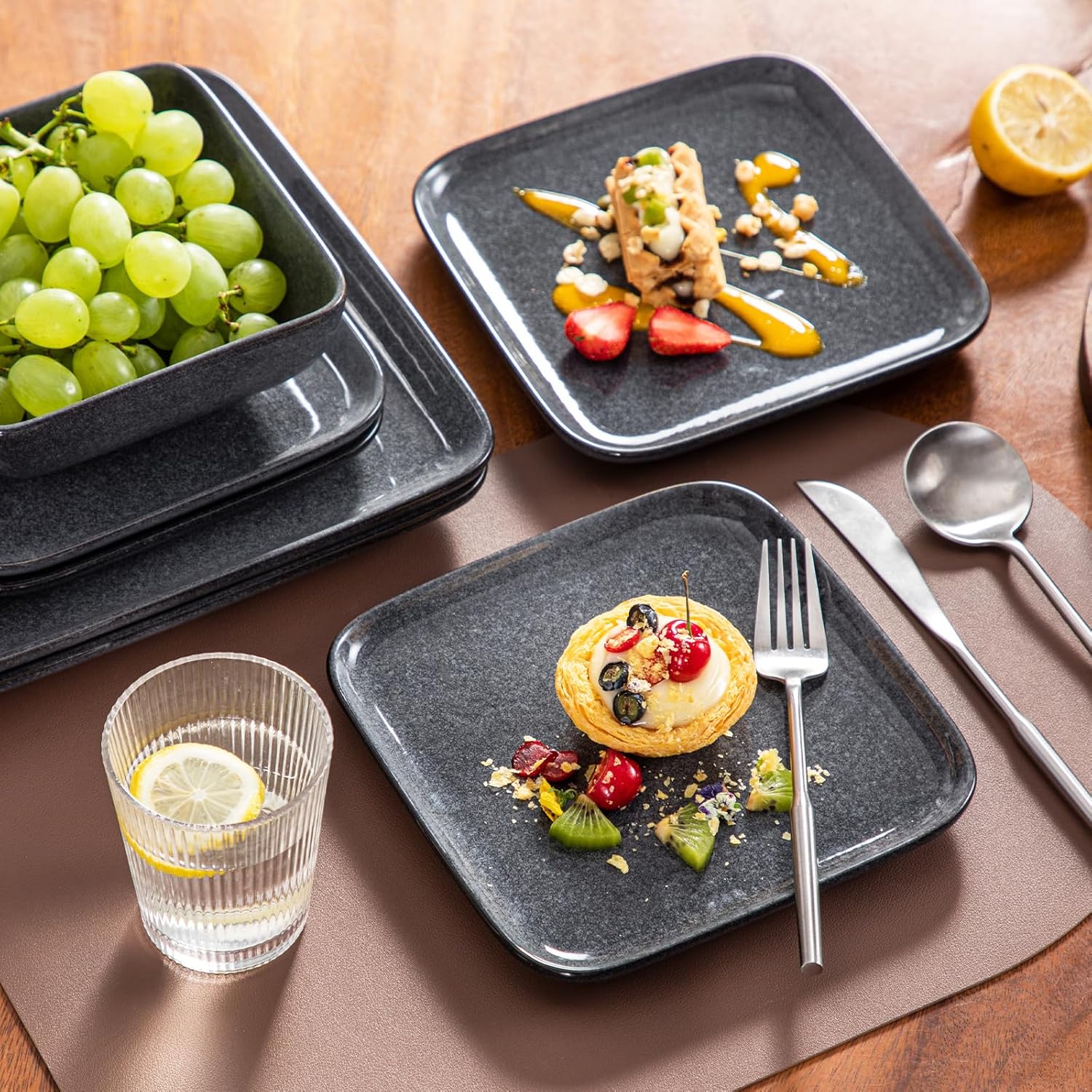 vancasso Stern Gray Dinnerware Set Square Reactive Glaze Tableware 16 ...