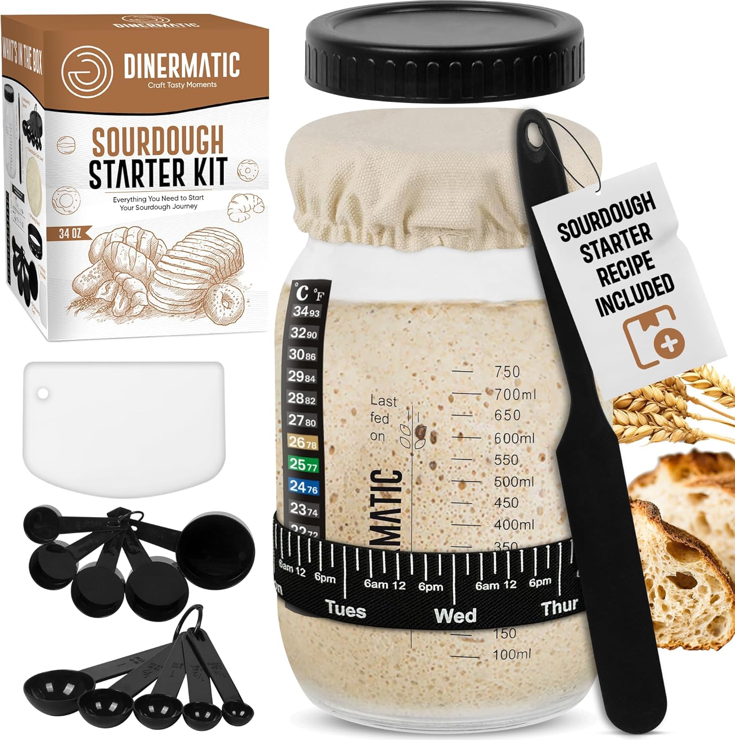 Amazon.com: DINERMATIC Sourdough Starter Kit - 34 oz Glass Sourdough ...