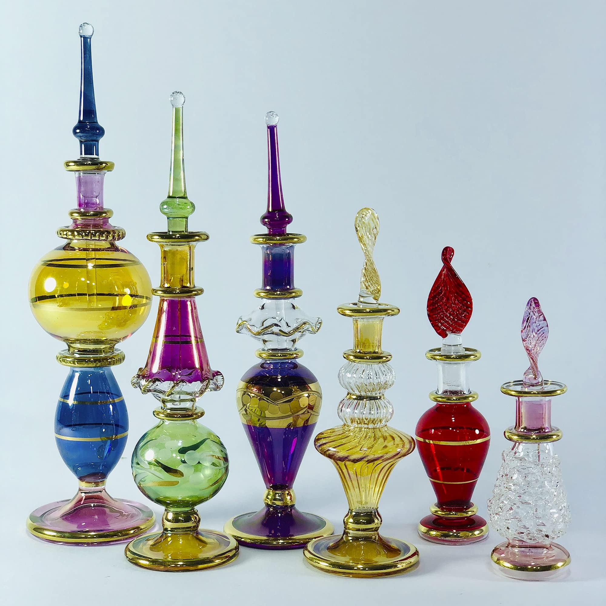 Egyptian Mouth Blown Glass Genie Perfume Bottles - Set of 6 Miniature ...