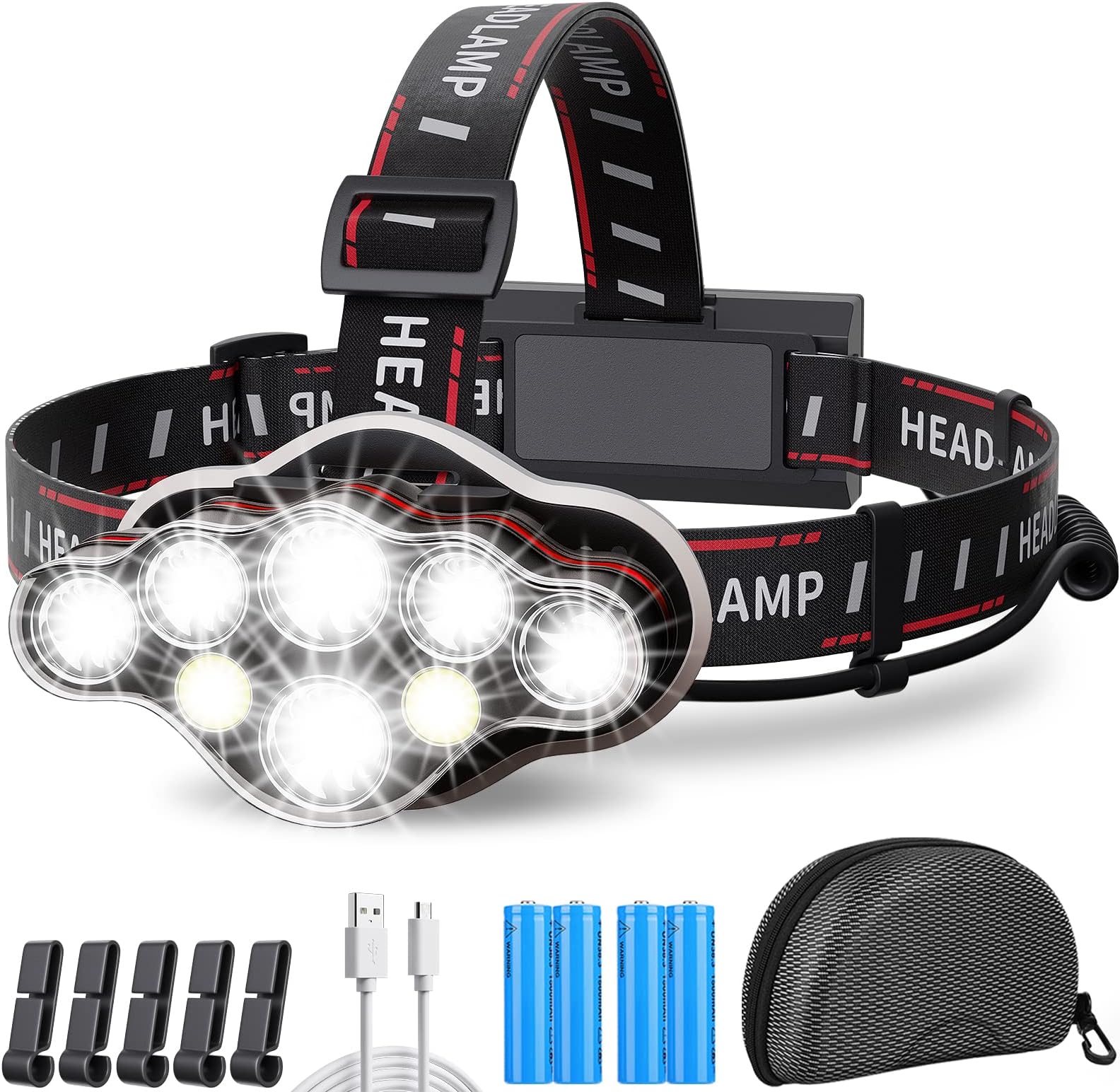 Stirnlampe, Superheller Kopflampe 18000 Lumen 8 LED 8 Modi mit Rotem ...