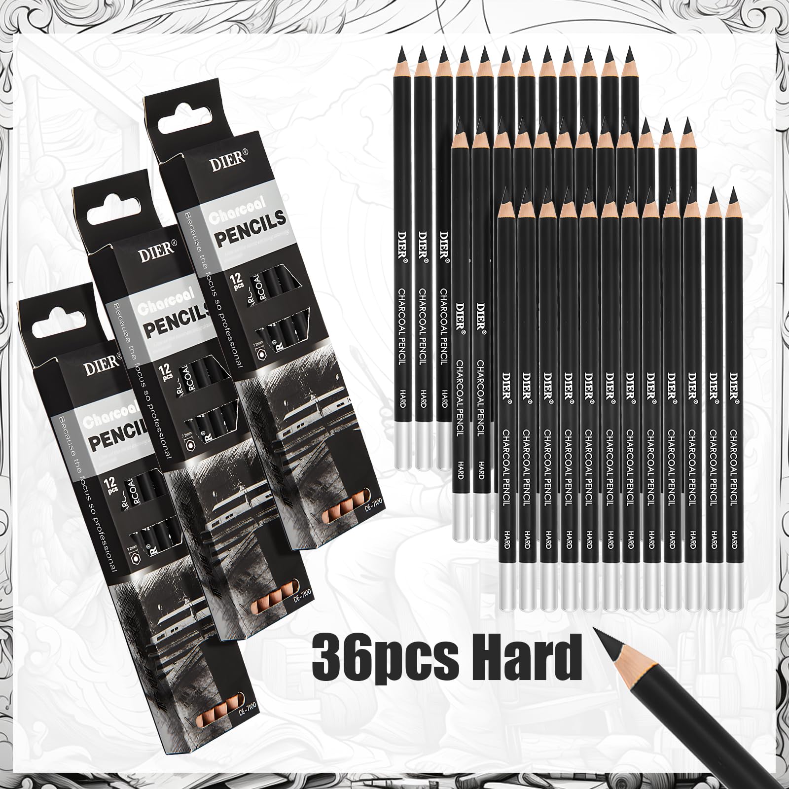 Snapklik.com : Geyoga 36 Pcs Professional Charcoal Pencils Soft, Medium ...