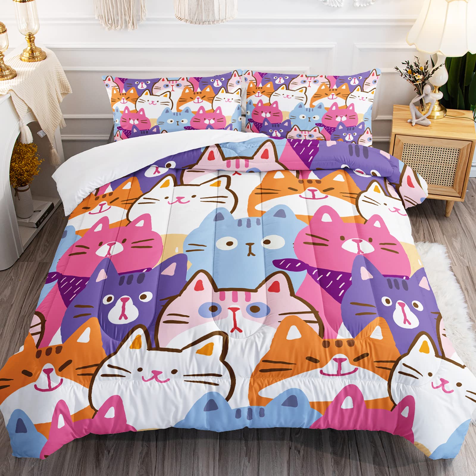 Amazon.com: BSNTHO Cute Cat Comforter Set for Kids Boys Girls Cartoon ...