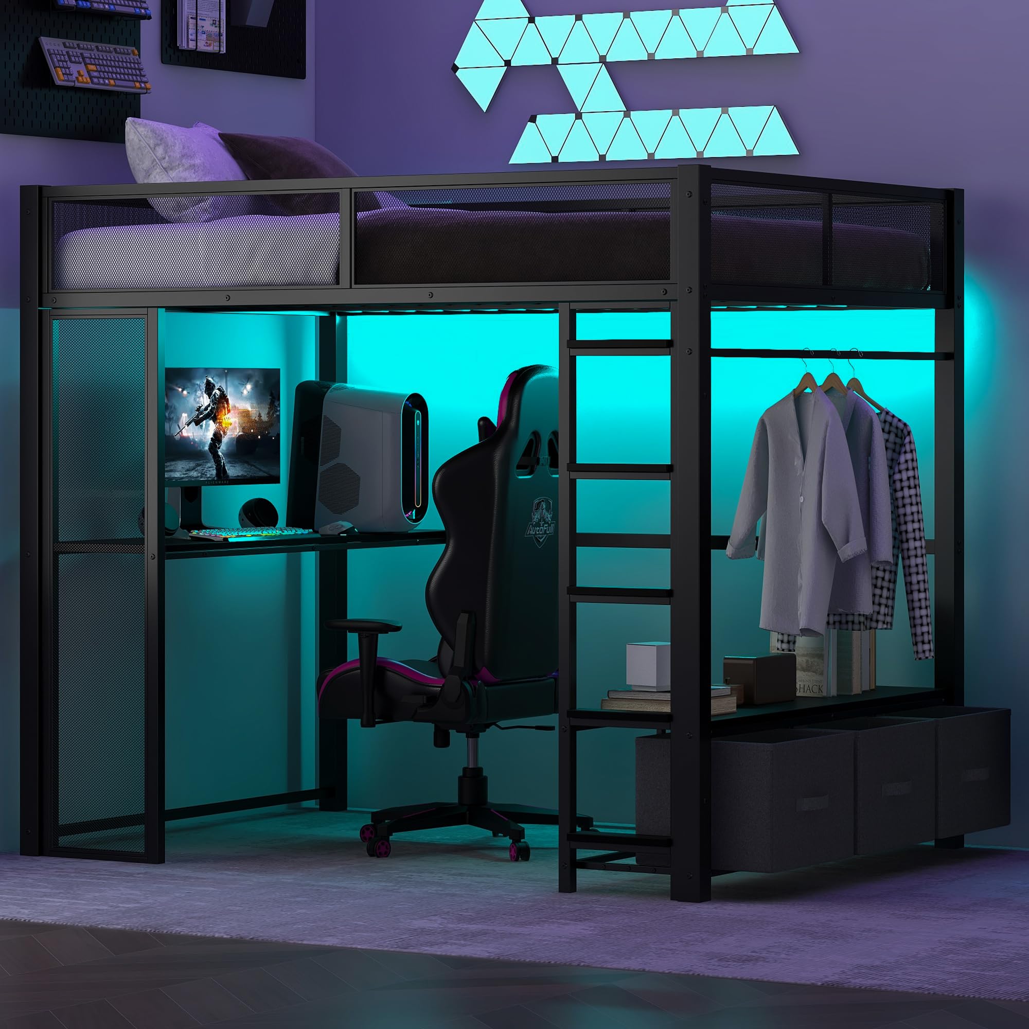 Amazon.com: Full Loft Bed with Wardrobe and LED Gaming Loft Bed with Computer Desk and Storage ...