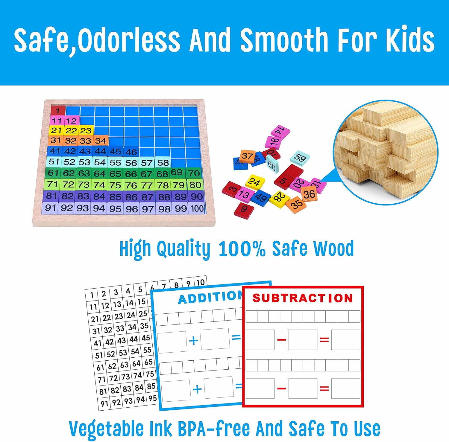 Wooden Math Learning Board Toy with Math Cubes 1-100 for Kids ...