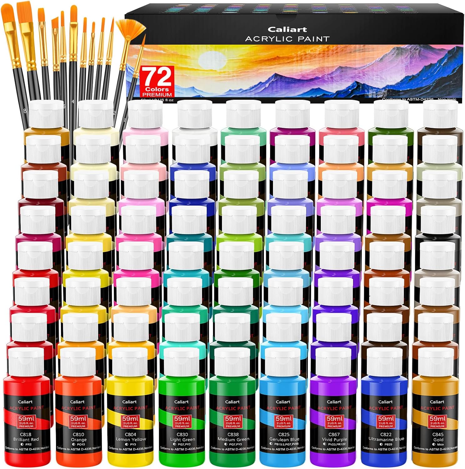 Amazon.com: Caliart Acrylic Paint Set with 12 Brushes, 72 Colors (59ml ...
