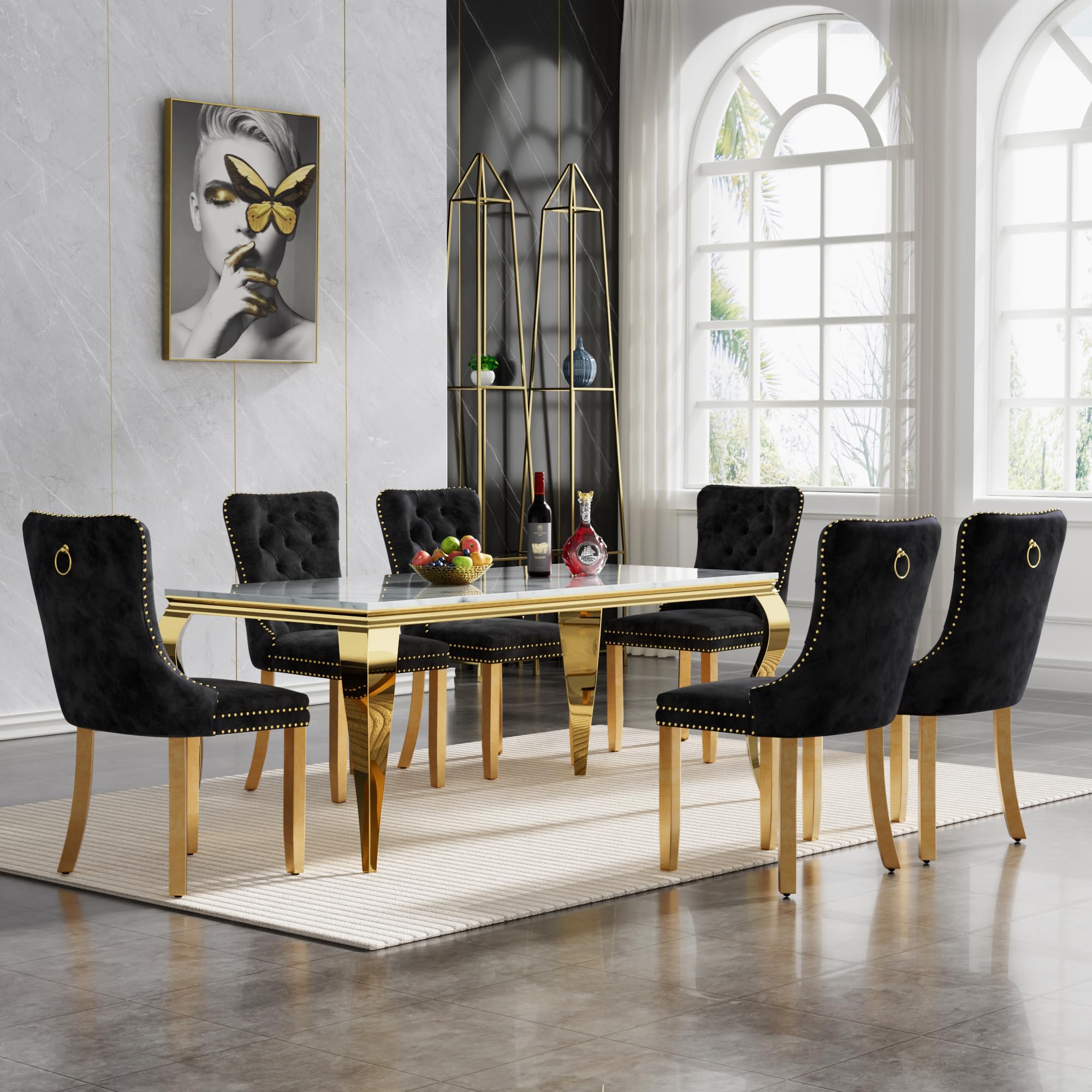 Amazon.com - 70" Marble Dining Table Set for 6, Modern Faux Marble ...