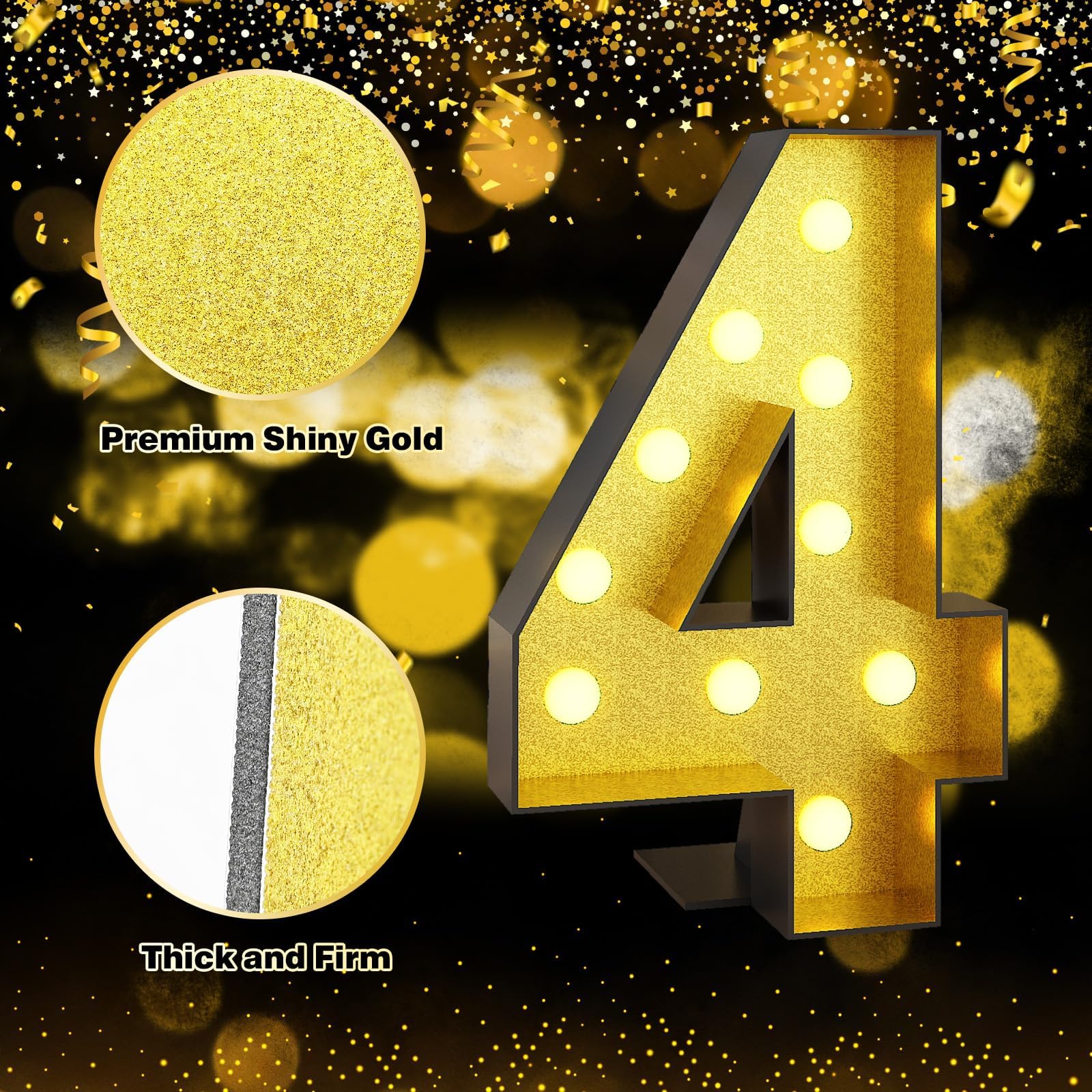 Snapklik.com : Marquee Numbers 4, 4FT Light Up Numbers Black Gold Large ...
