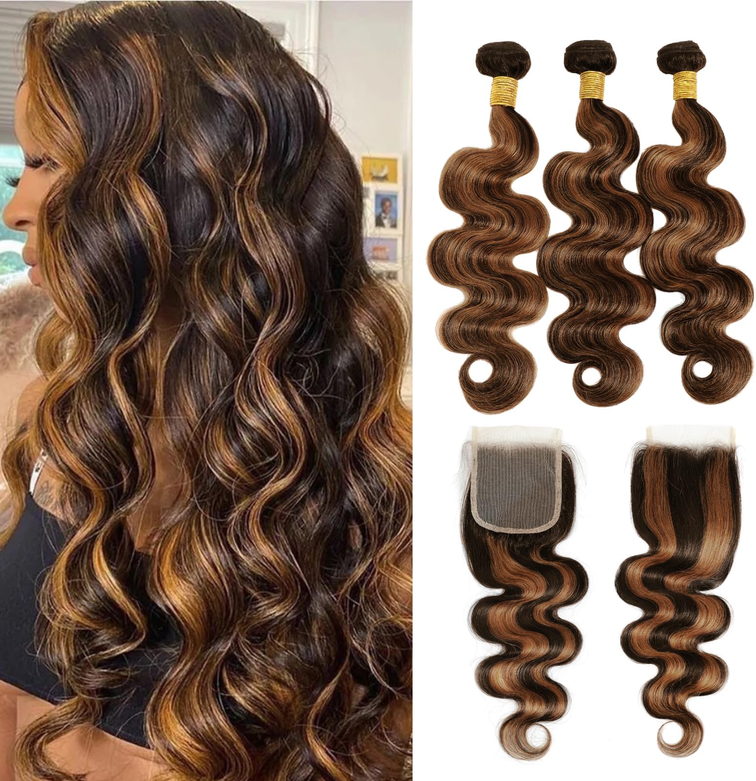 Amazon.com : Brown Highlight Bundles with Closure Human Hair 10A Ombre ...