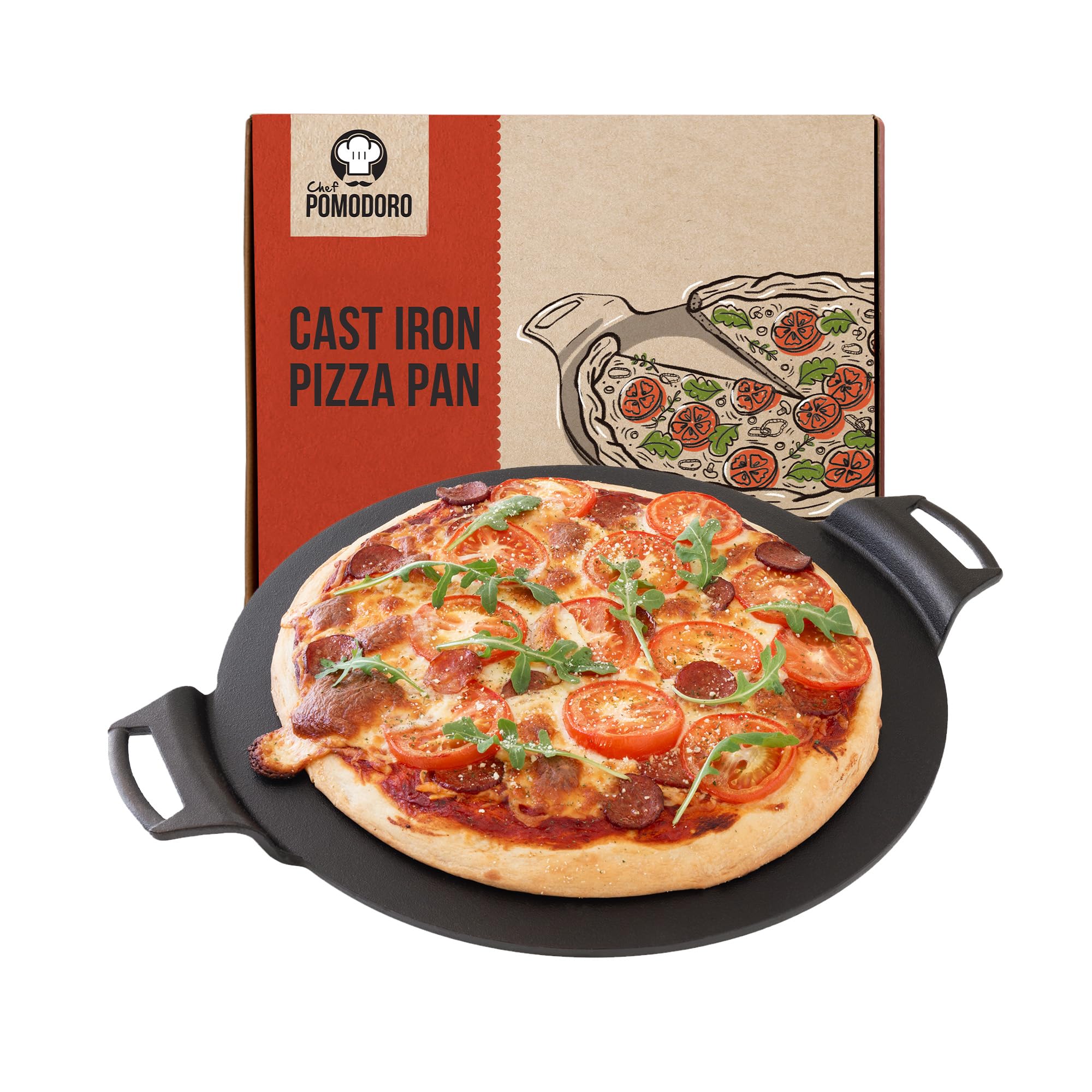 Chef Pomodoro Cast Iron Pizza Pan, Pre-Seasoned Skillet with Handles, Baking Pan, Round Griddle ...