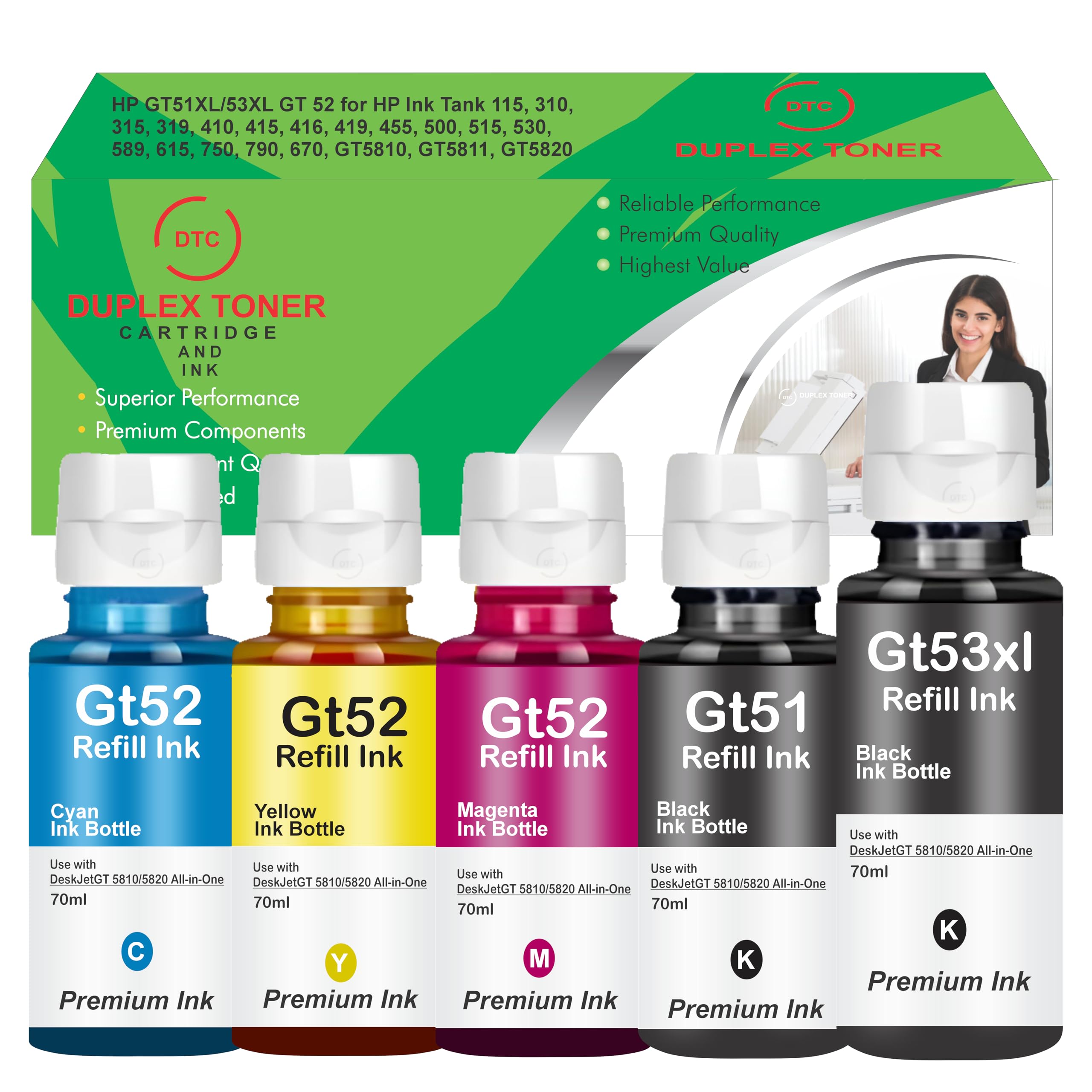 Duplex DTC Refill Ink for HP GT53XL & GT 52 for HP Ink Tank 115 310 315 ...