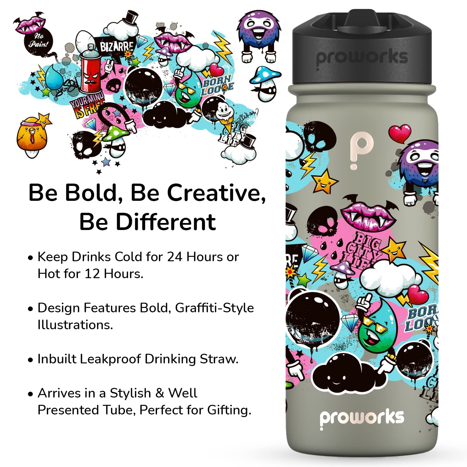 Proworks Gen 2 Insulated Water Bottles with Straw Lid | 540ml Stainless ...