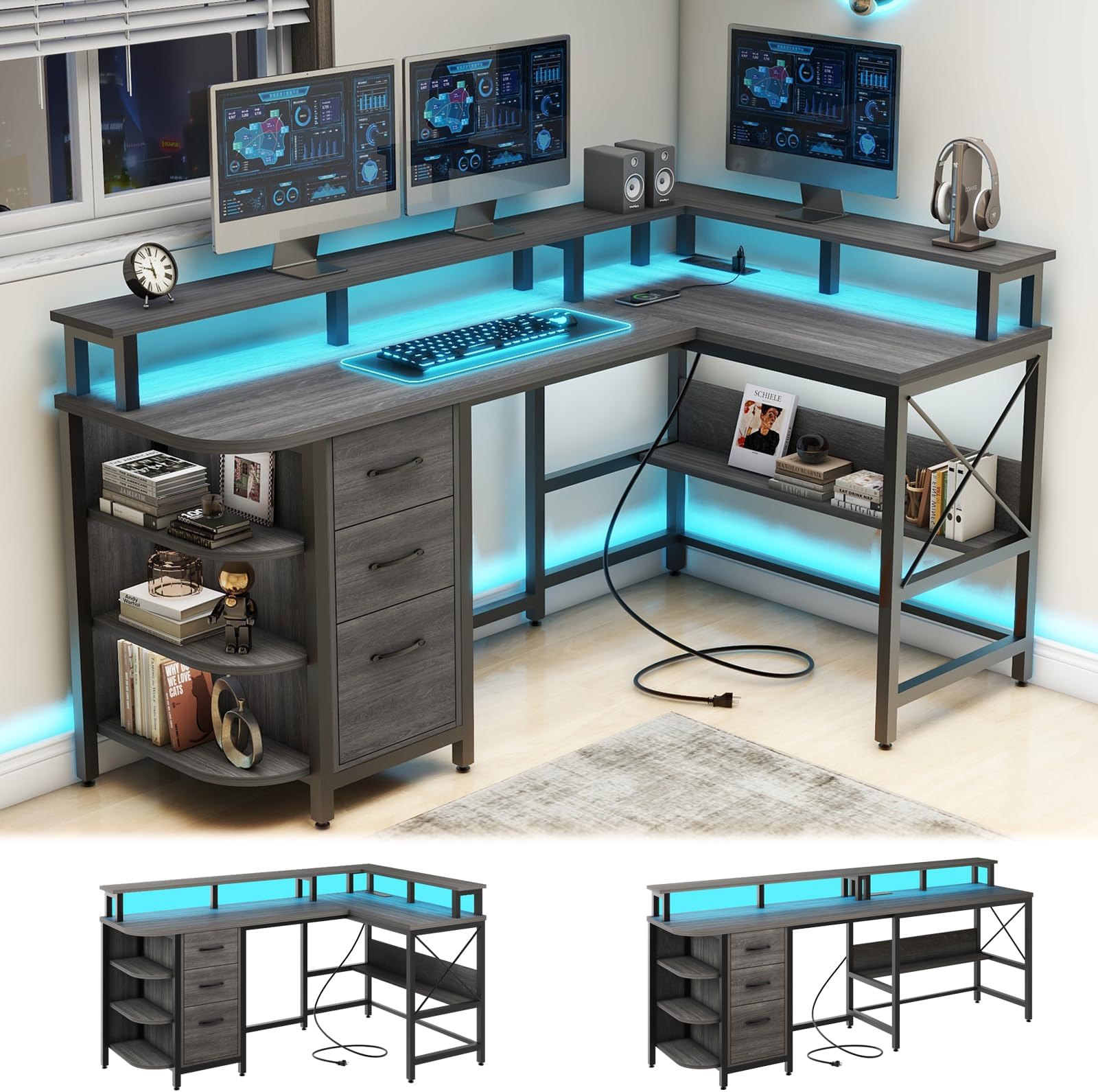 Amazon.com: 67" L Shaped Computer Desk with LED Lights and Power ...