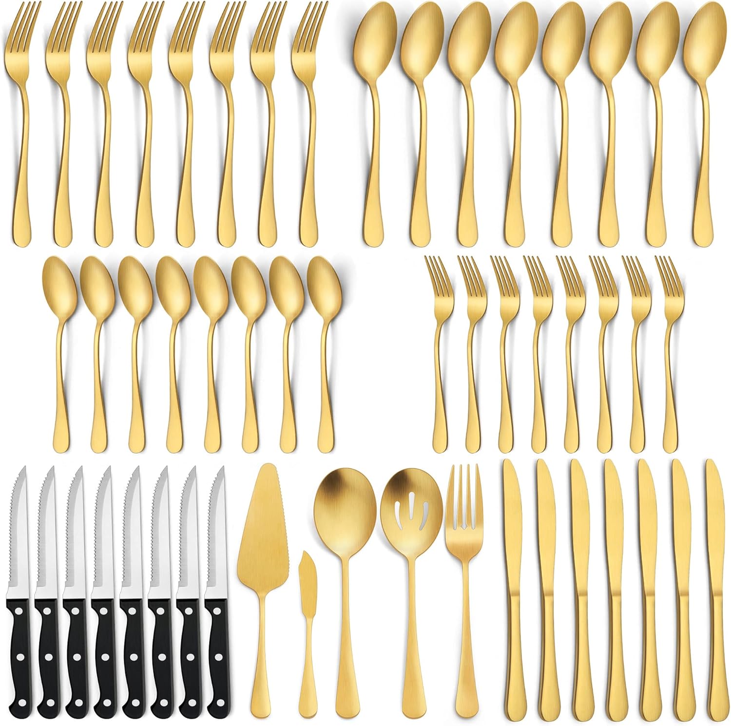 LIANYU 53-Piece Matte Gold Cutlery Set with Steak Knives and Serving ...