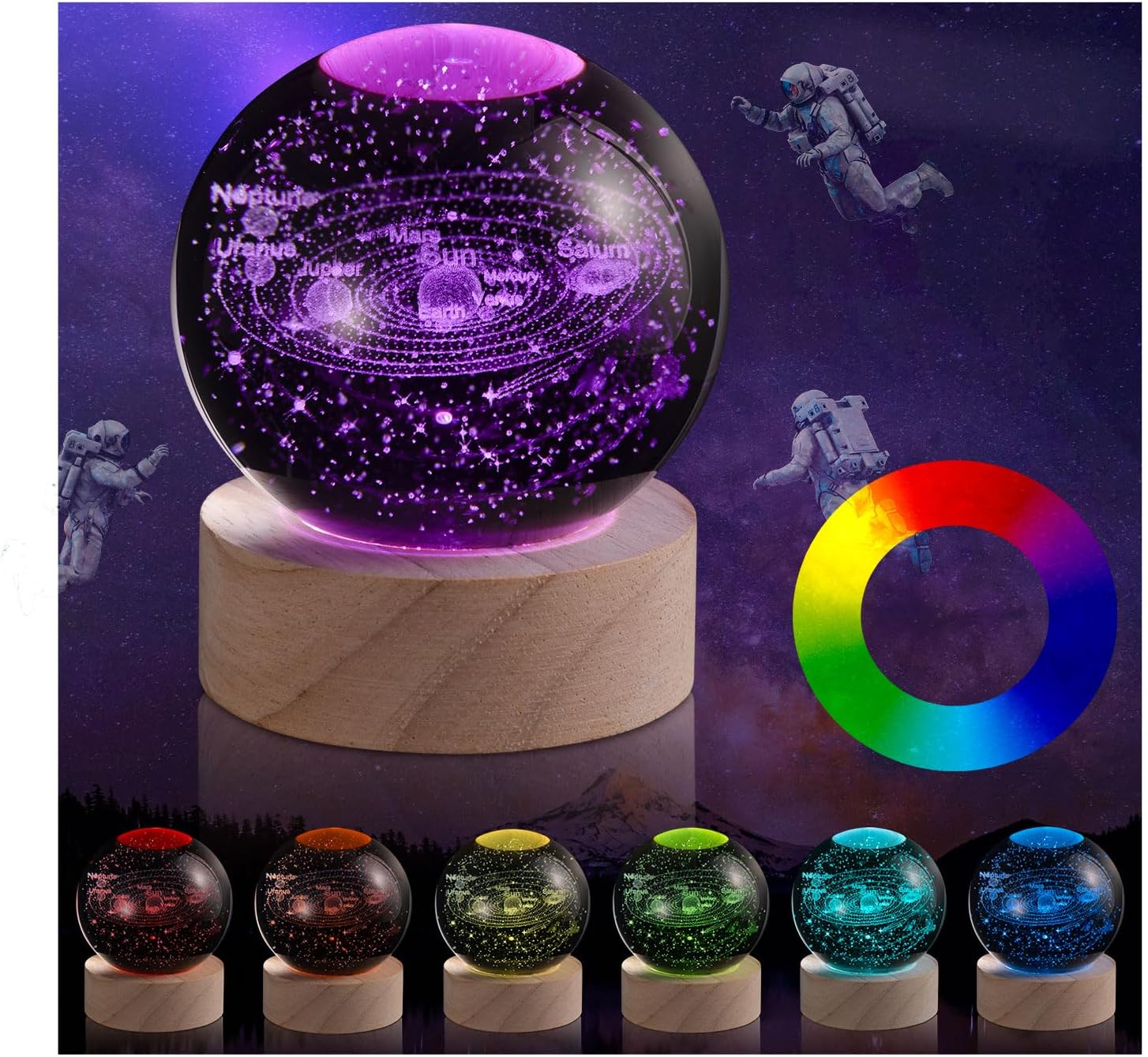 OCTOXEQA 3D Solar System Crystal Ball Night Light, 7 Colors Change ...