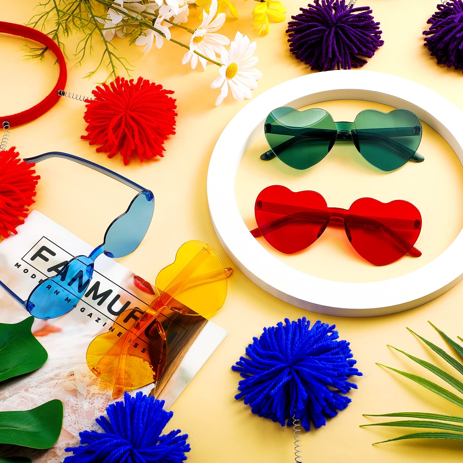 Chunyin 6 Pairs Heart Shape Sunglasses, 6 Pieces Pom Head Bopper ...