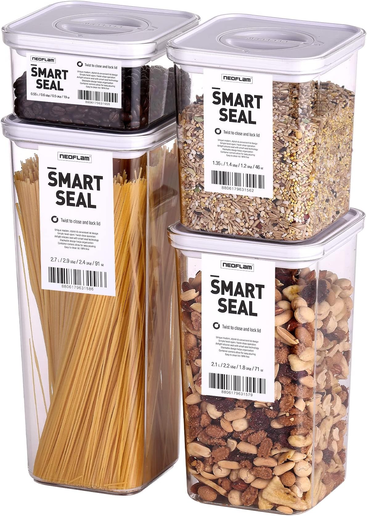 Neoflam - Smart Seal Storage Jars Set of 4 with Red Lids - Storage Box ...