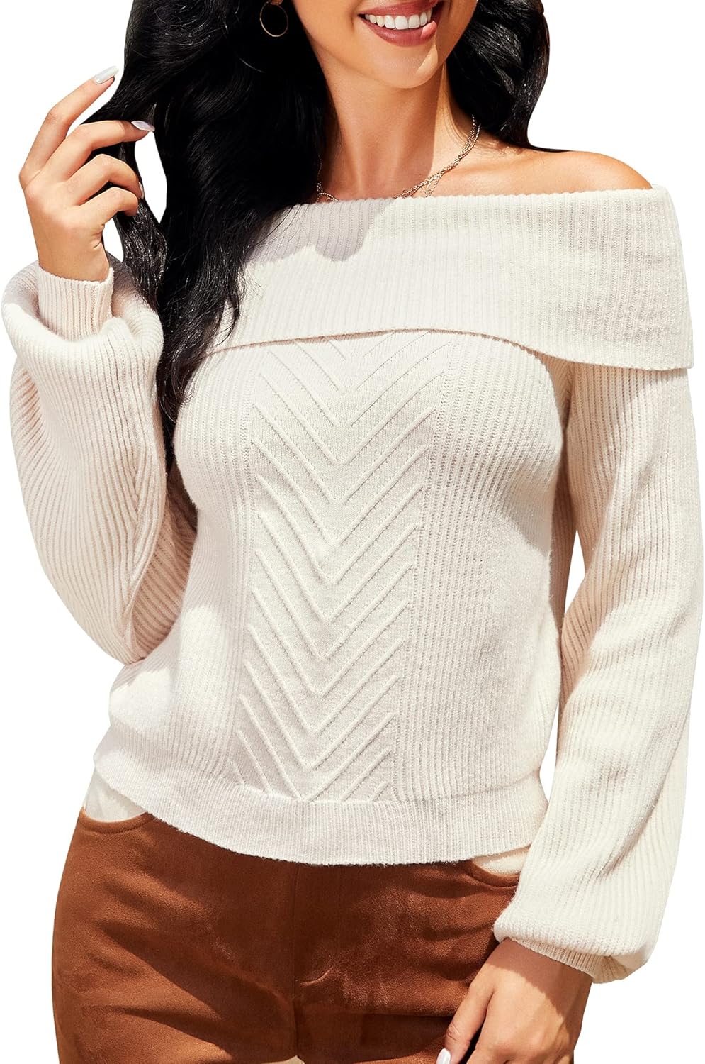 ZAFUL Women's Off Shoulder Knit Sweater, Long Sleeve Casual Batwing ...